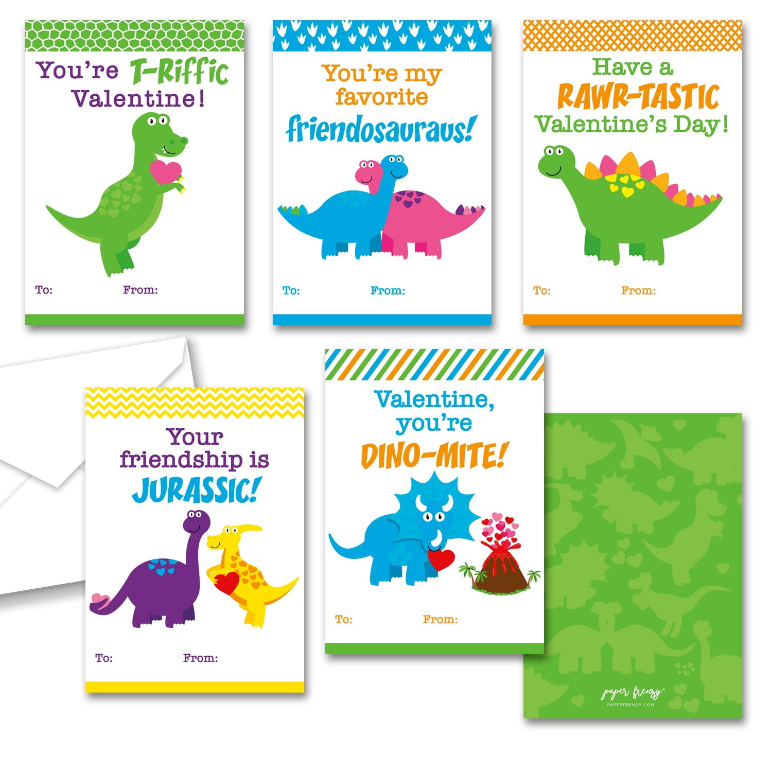 Paper Frenzy Dinosaur Themed Valentine Cards WITH ENVELOPES - 25 pack ...