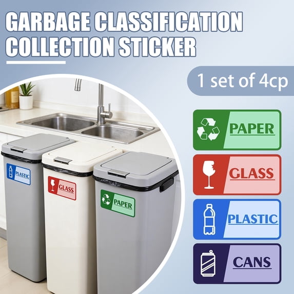 Paper Glass Cans Trash Collection Reminder Sticker 4-Pack For Waste ...