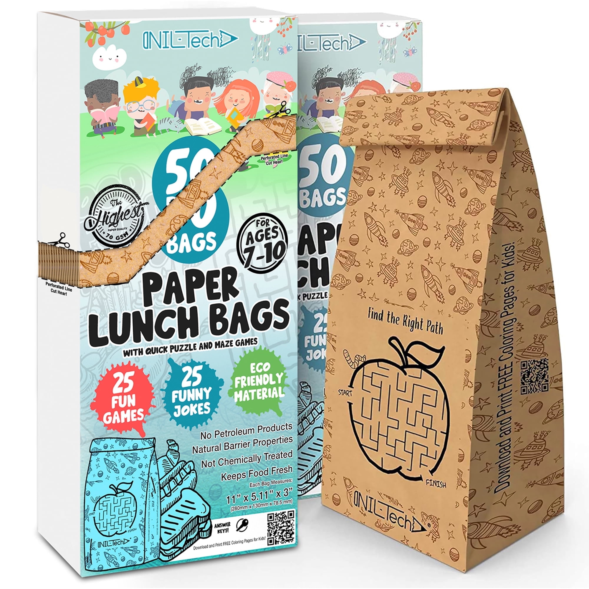 NIL Tech Brown Paper Lunch Bags for Kids – 50 Count with Games, Jokes ...