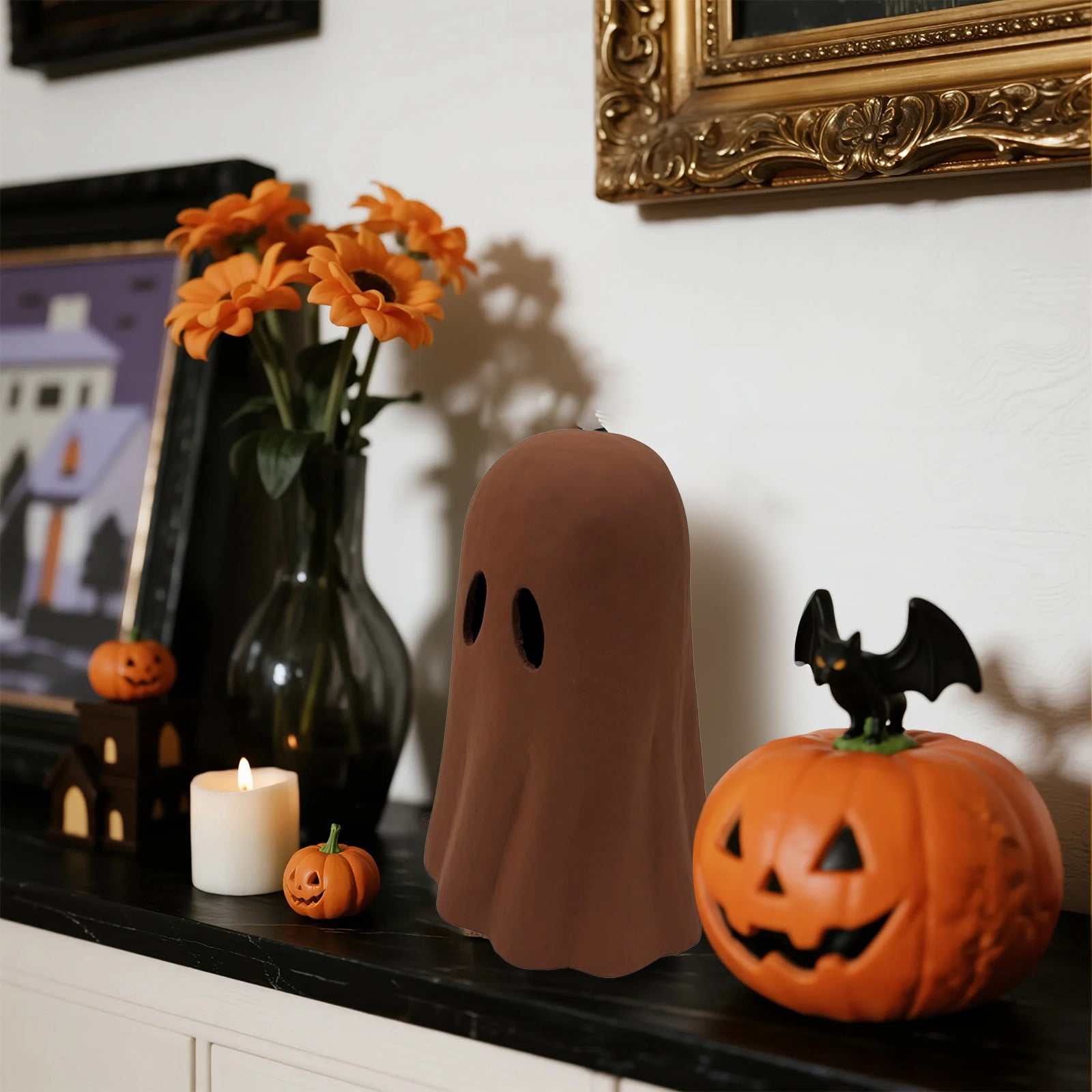 Paper Mache Ghost Tabletop Decoration, Black Brown Halloween Ghost ...