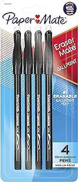 Paper Mate Eraser mate Stick Medium Tip Ballpoint Pens, Black, 4 Ea ...