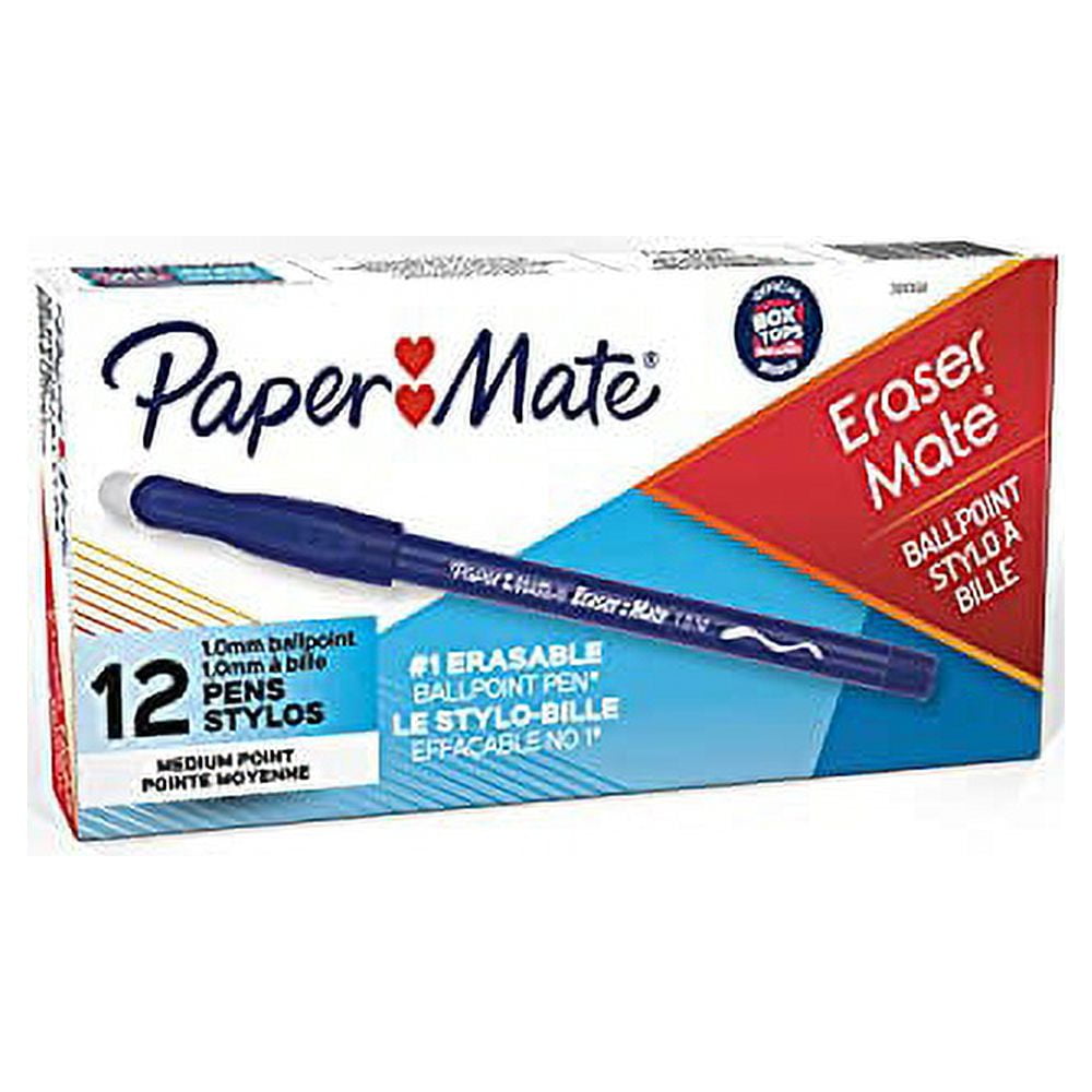 Paper Mate EraserMate Erasable Pen, Medium Point, Blue, Box of 12 ...