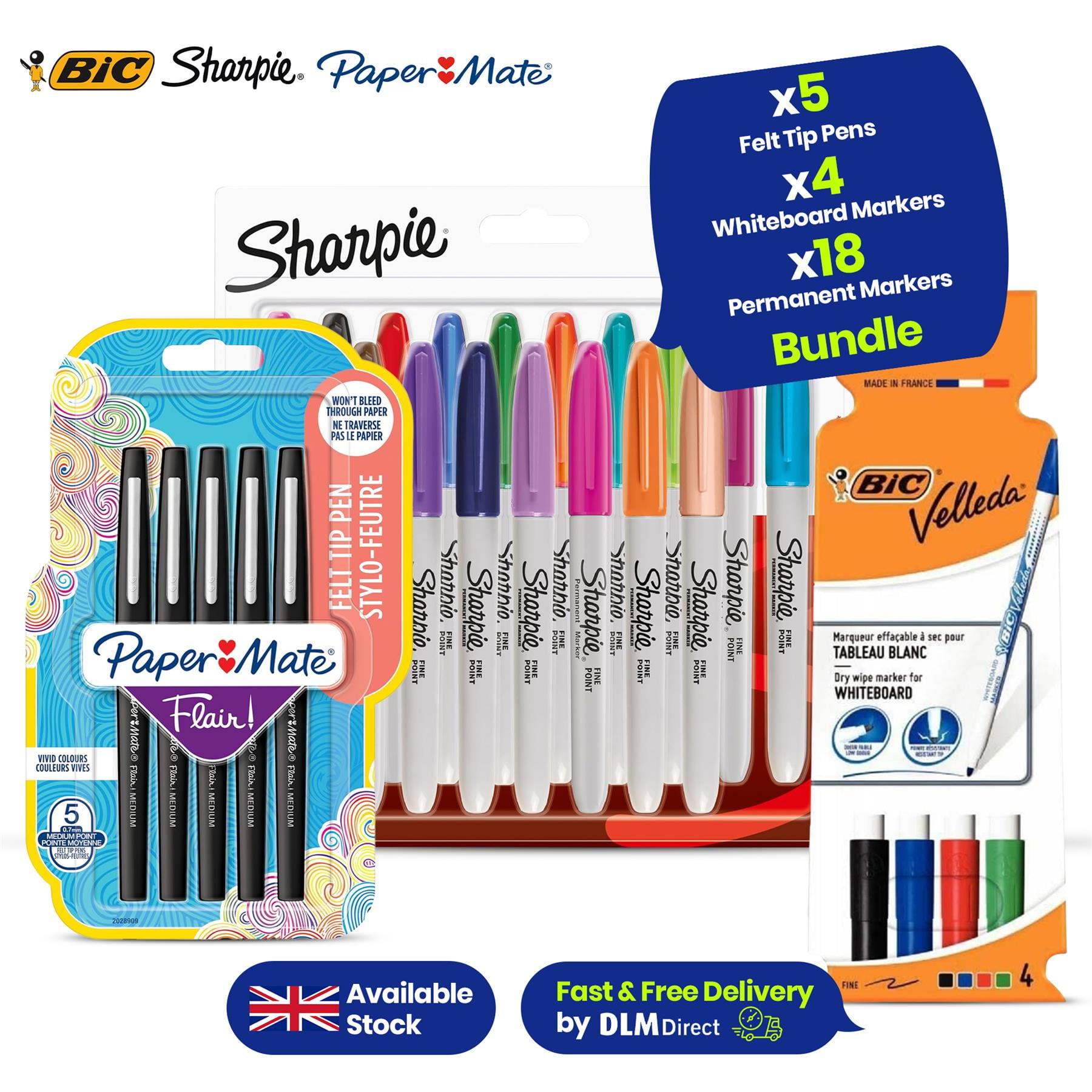 Paper Mate Flair Felt Tip Pens Black Pens 5 Count + BIC Velleda ...