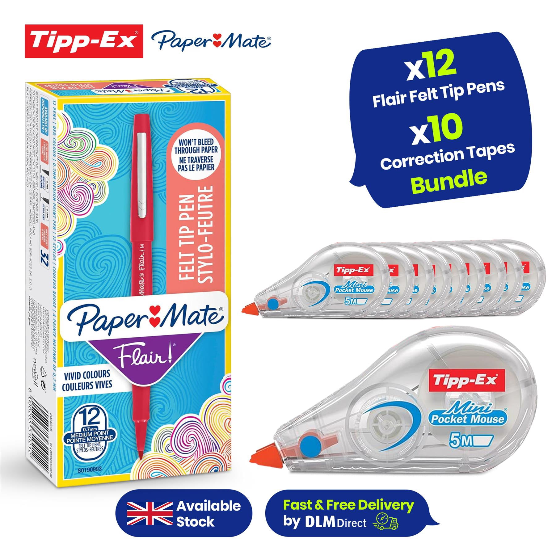 Paper Mate Flair Felt Tip Red Pens 12Pcs & Tipp-Ex 10 Pack Correction ...