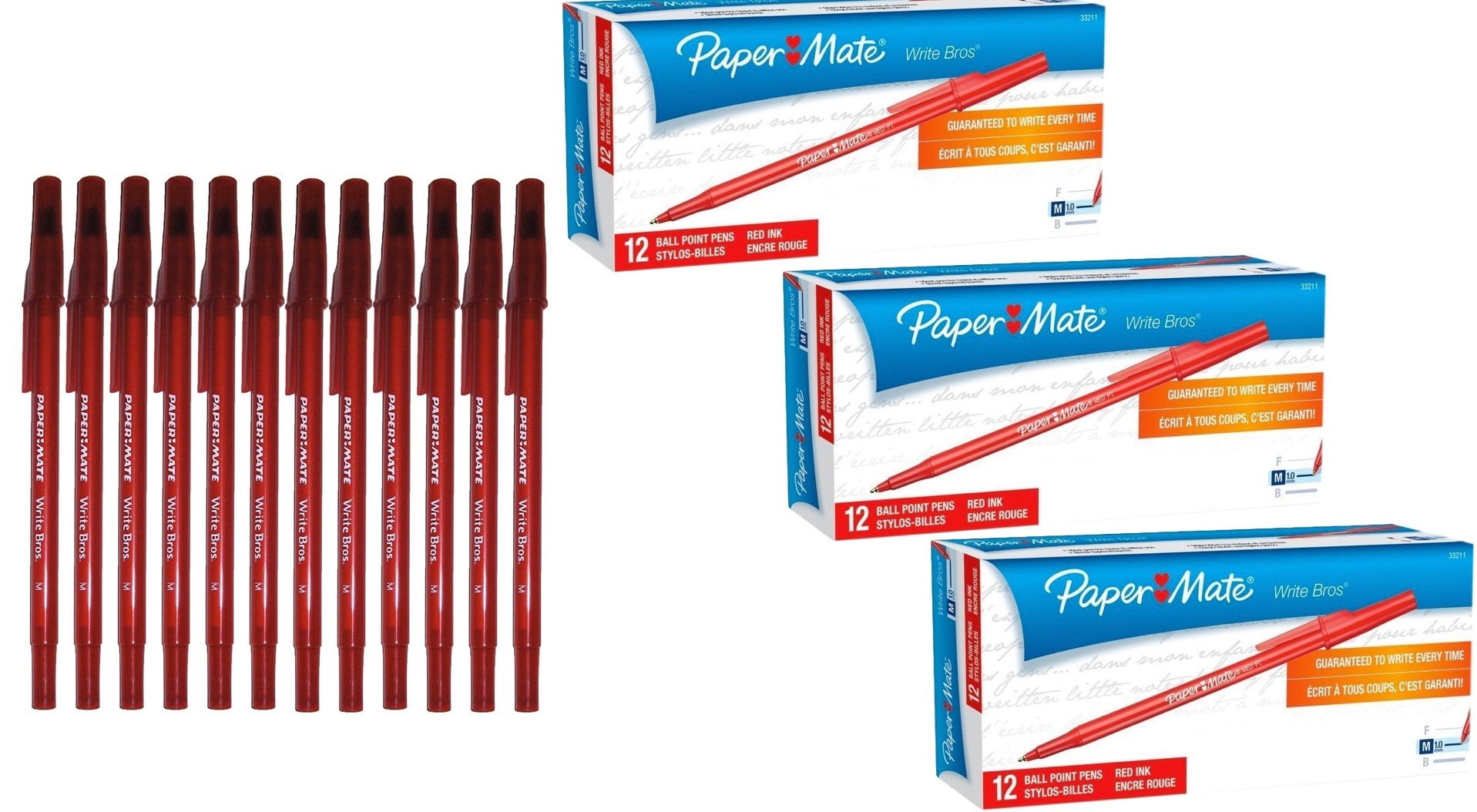 Paper Mate Write Bros Pens, Ballpoint, 10 mm, Red Ink, 36 Count ...