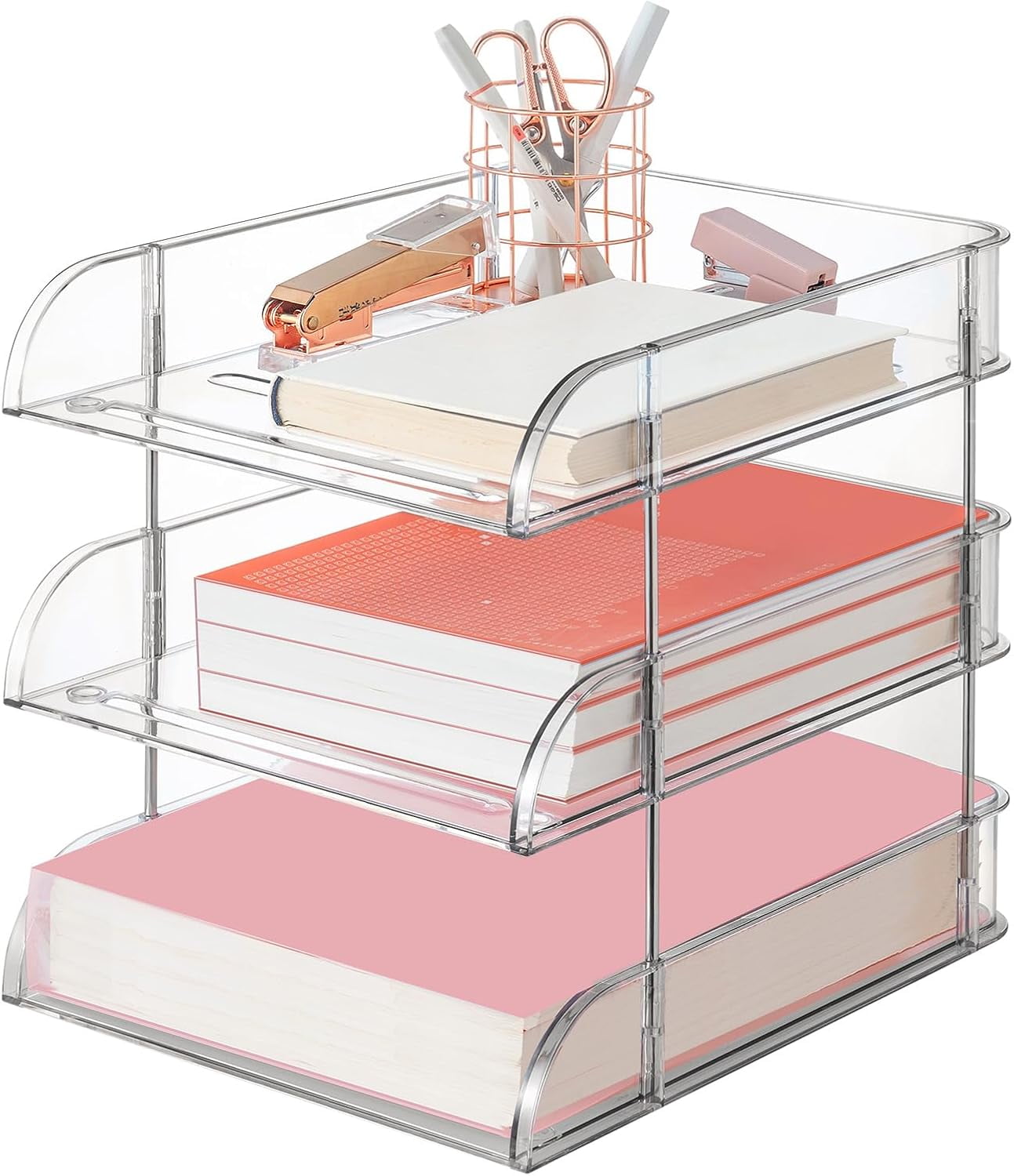 Paper Organizer for Desk,3-Tier Stackable Paper Trays,Stackable Clear ...