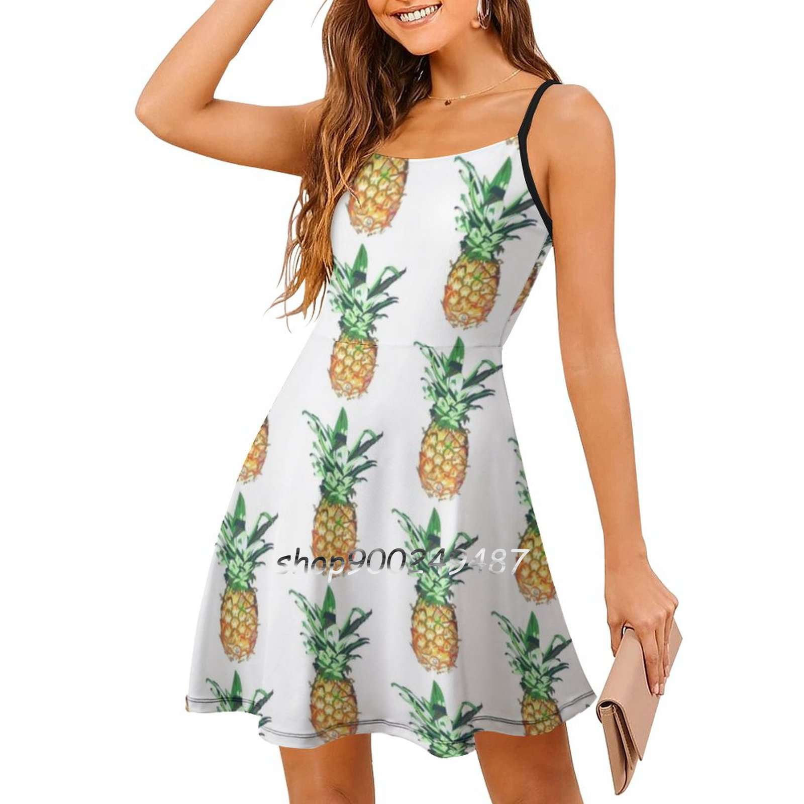 Paper Pineapple Sweet Elegant Dress Women Korean Kawaii Square Collar Dress Pineapple Happy ...