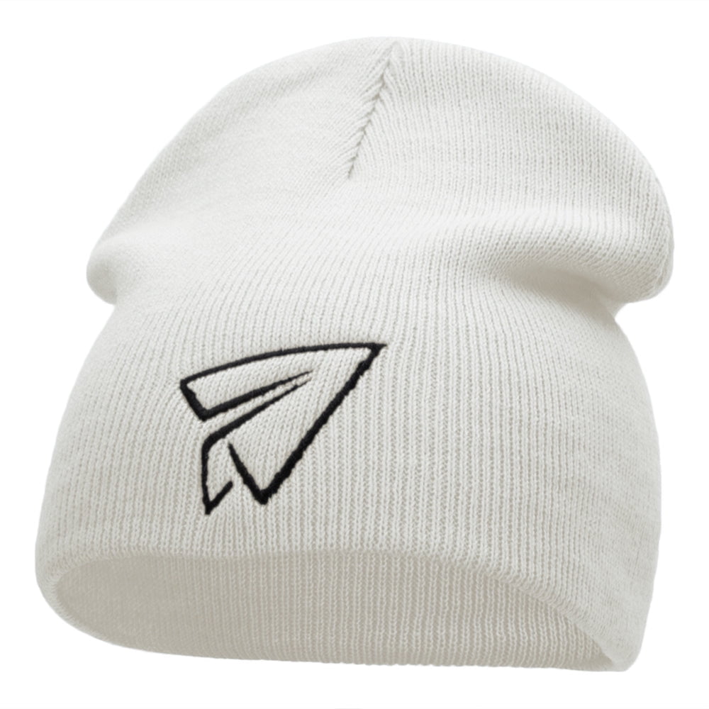 Paper Plane Outline Embroidered Short Knitted Beanie - White OSFM ...