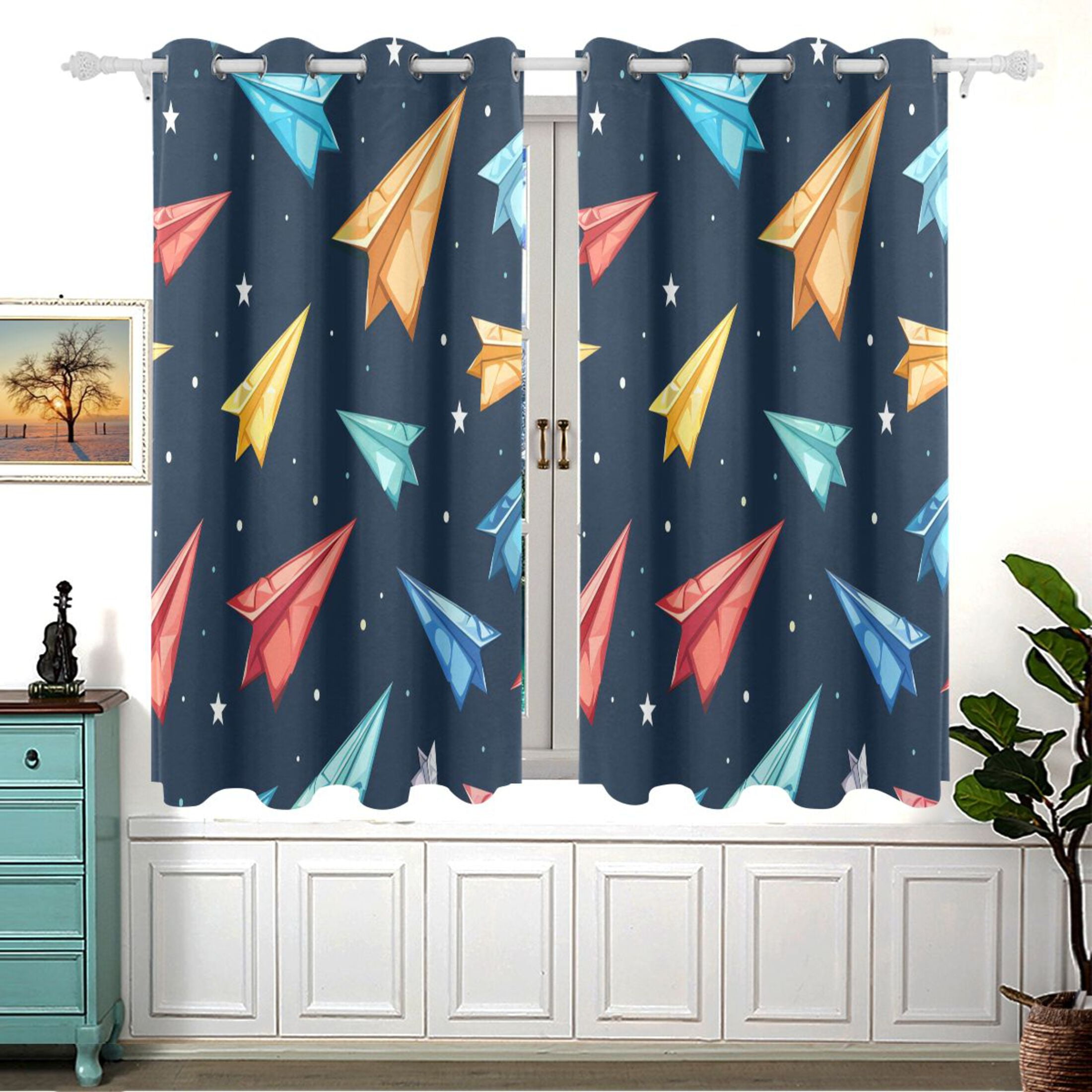 Paper Planes and Stars Cartoon Curtains Drapes with Grommets 2 Panels ...