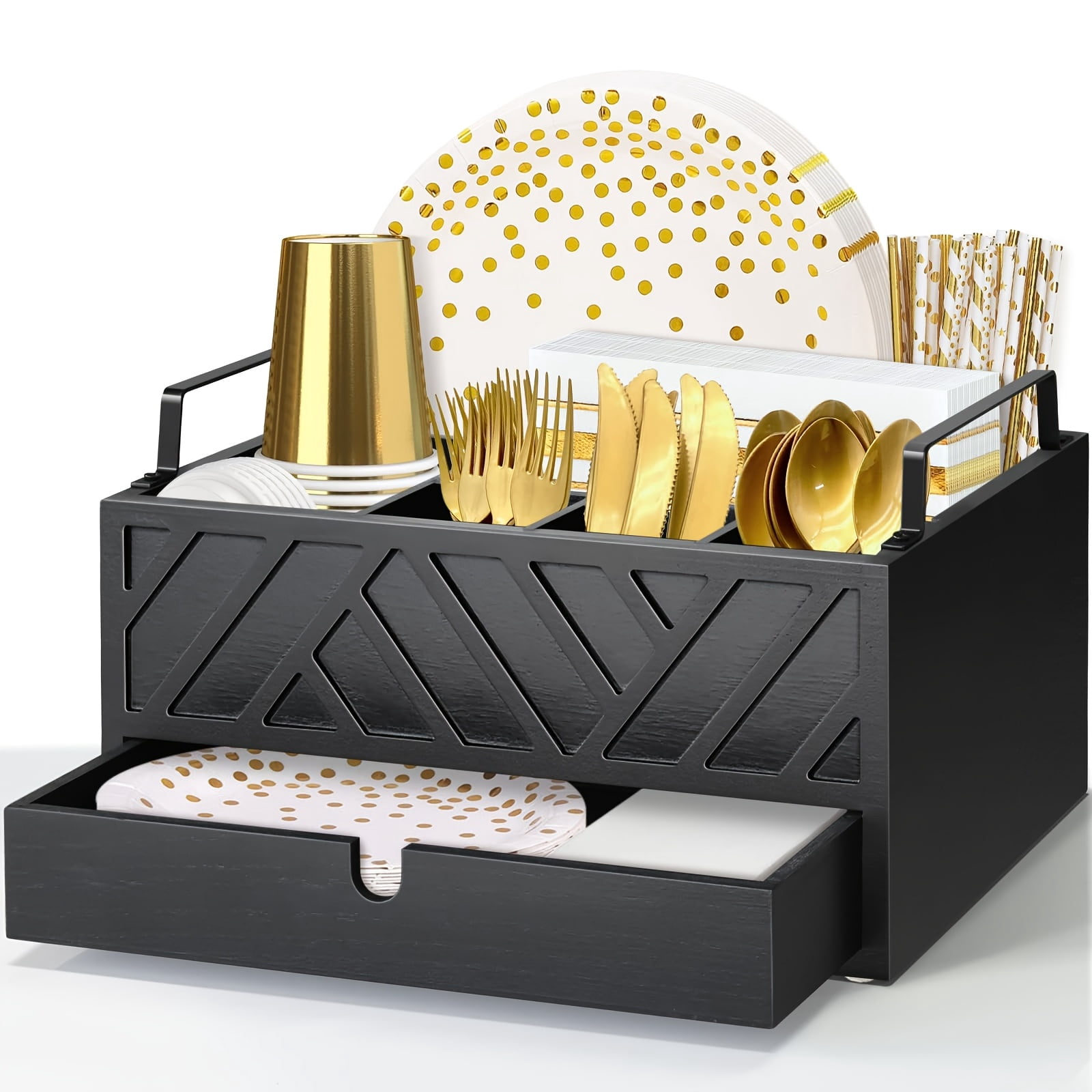 Paper Plate Dispenser with Drawer | Wood Rustic Silverware Utensil ...