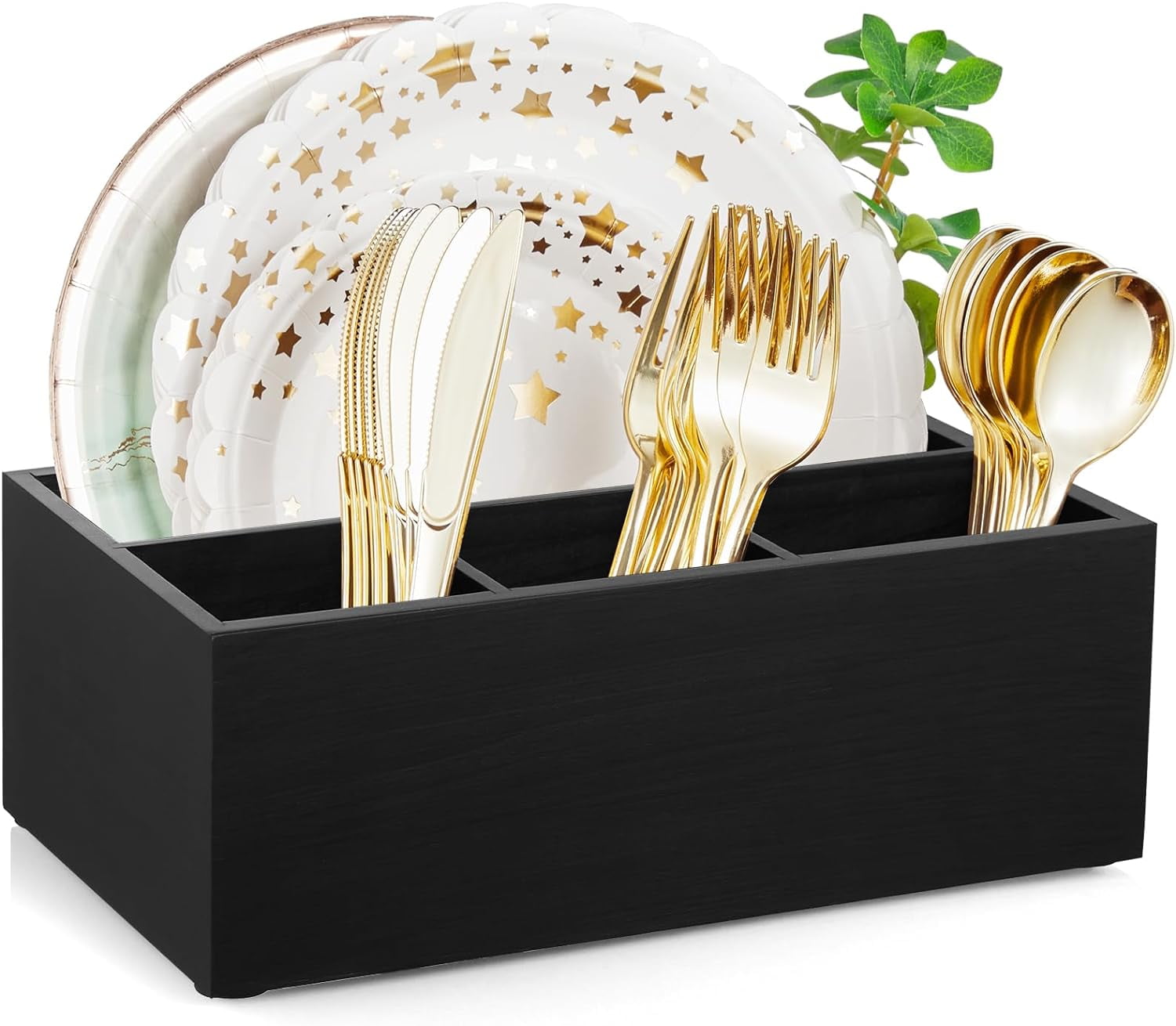 Paper Plate Dispenser, Wooden Utensil Caddy Organizer, Large Silverware ...