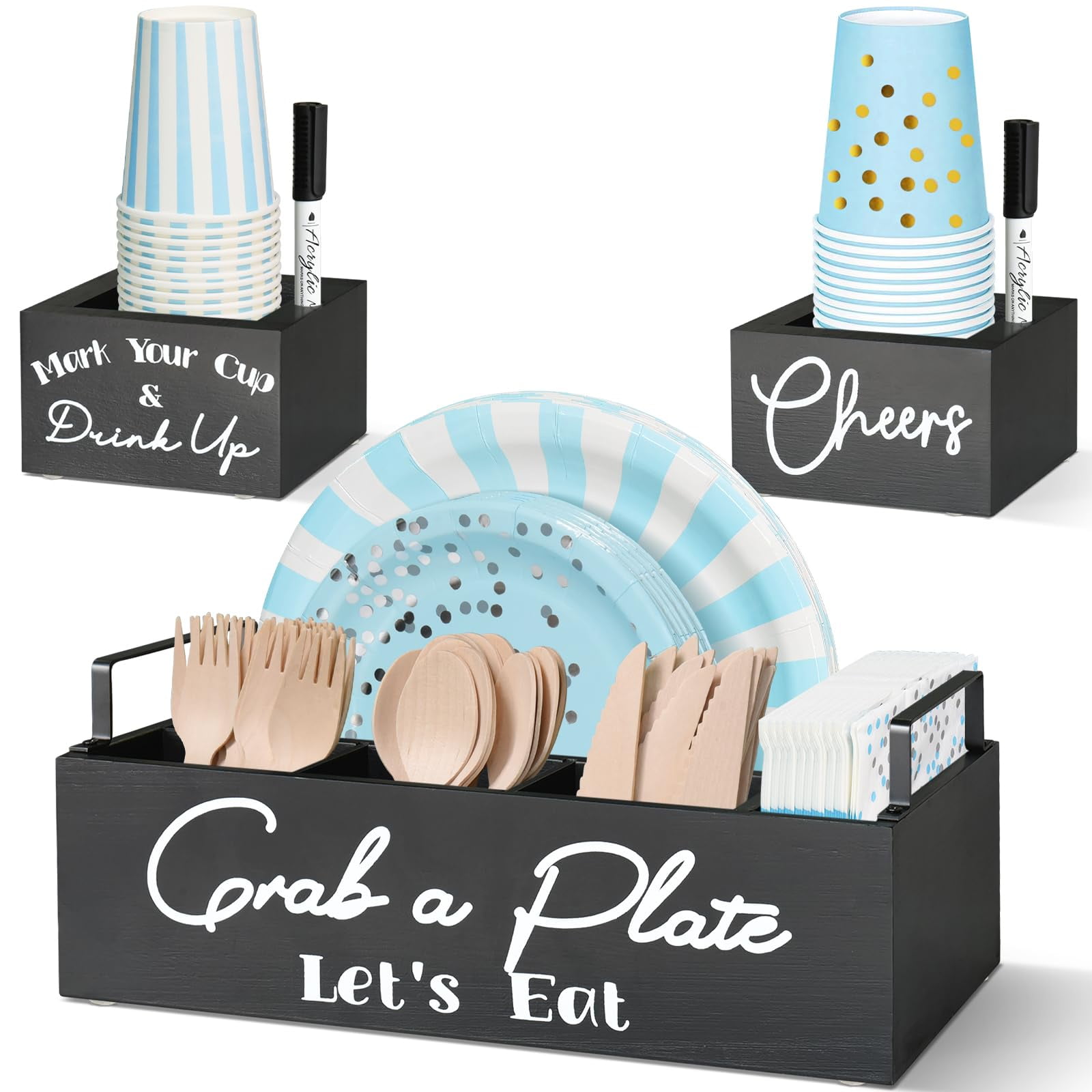 Paper Plate Holders with 2 Cup Holders and 2 Markers, Wood Utensil ...