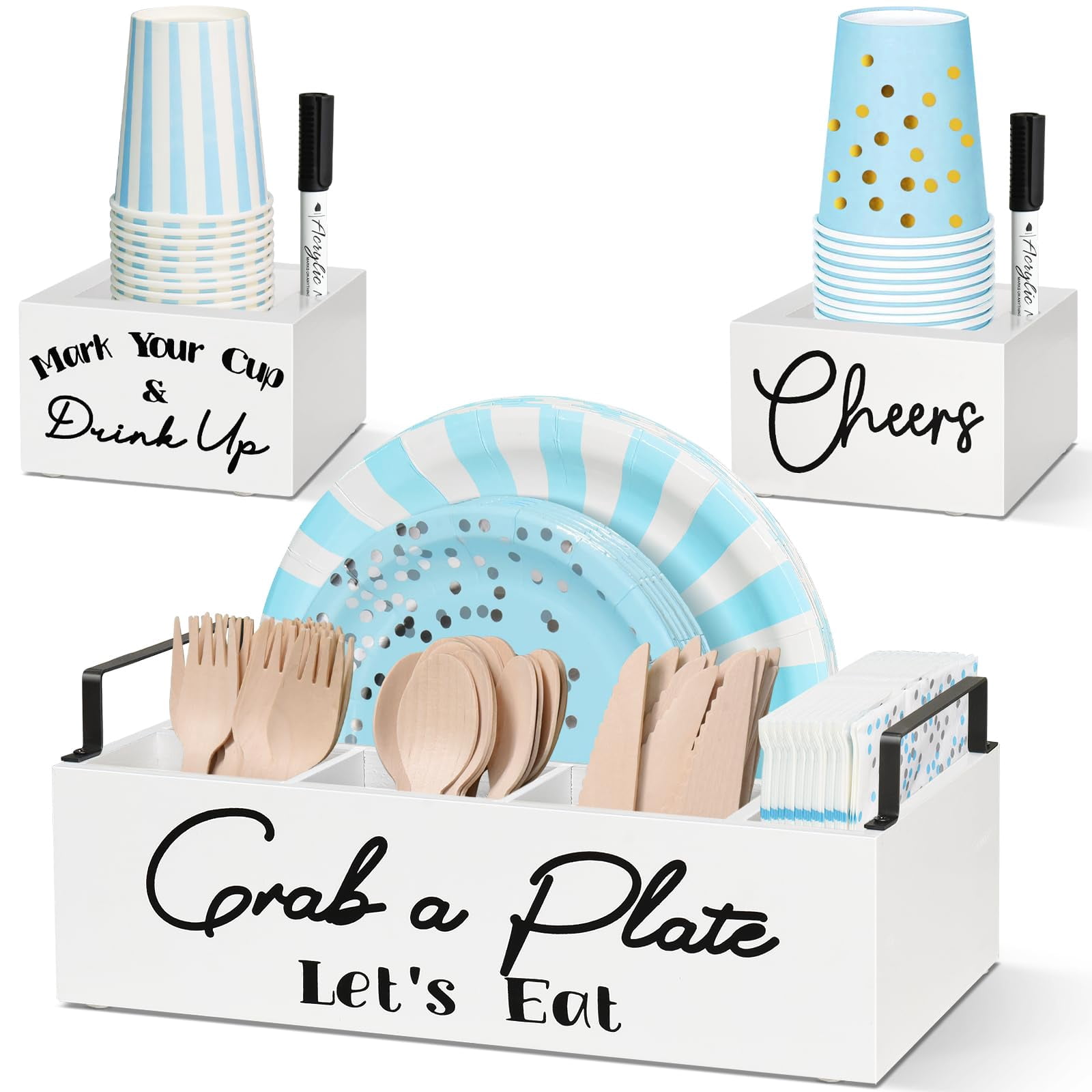 Paper Plate Holders with 2 Cup Holders and 2 Markers, Wood Utensil ...