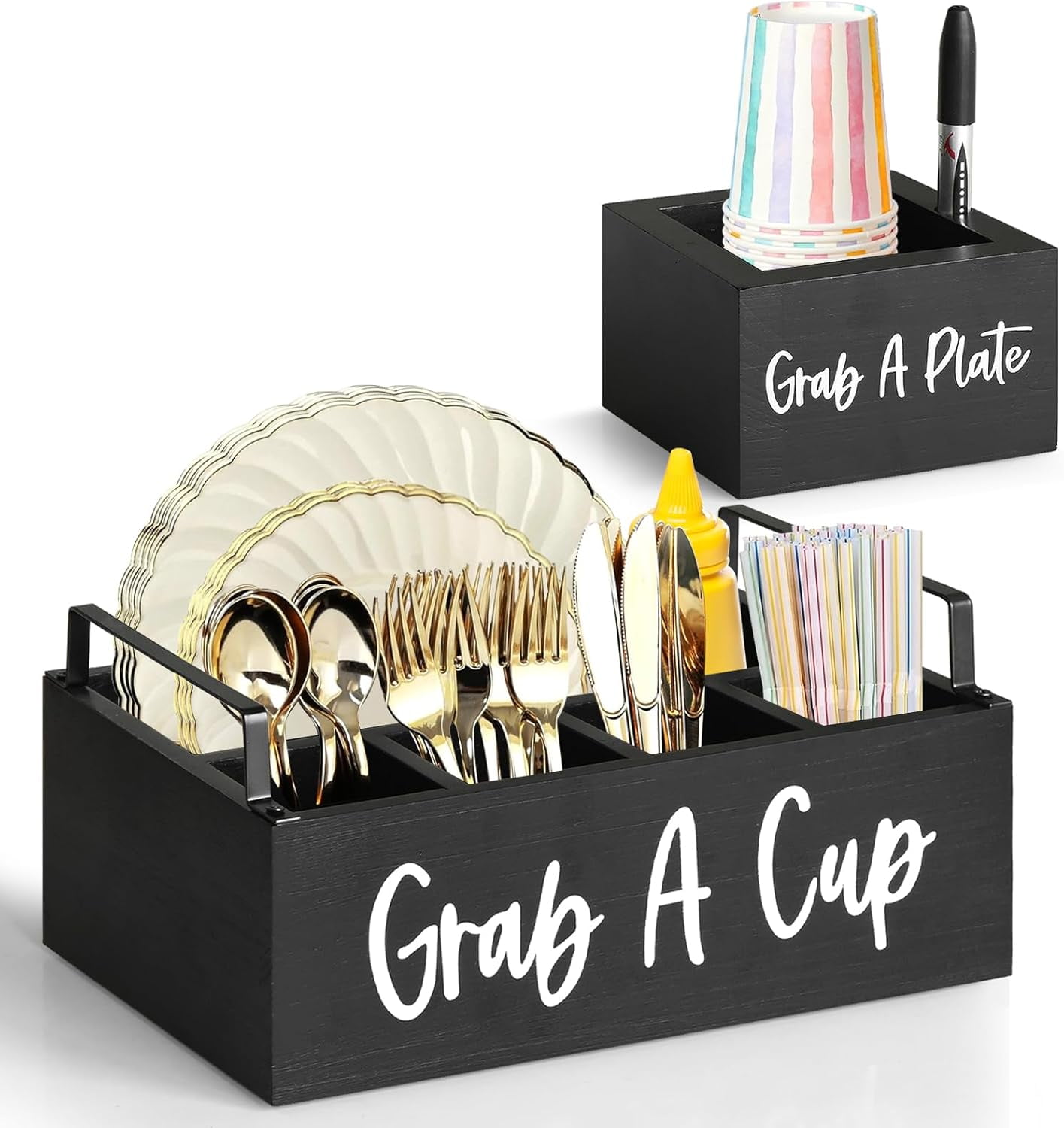 Paper Plate Holders for Kitchen Countertop, Wooden Utensil Caddy with ...