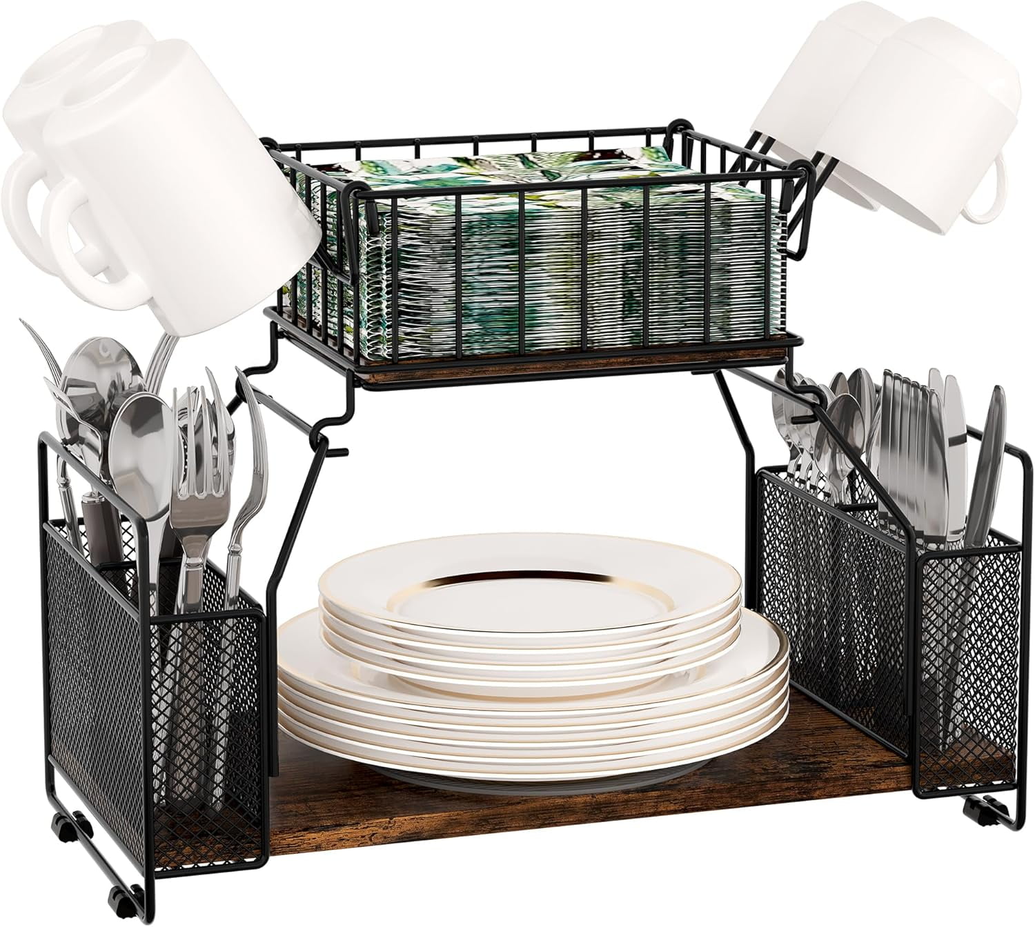 Paper Plate Organizer, 2-Tier Countertop Silverware Utensils Napkin ...