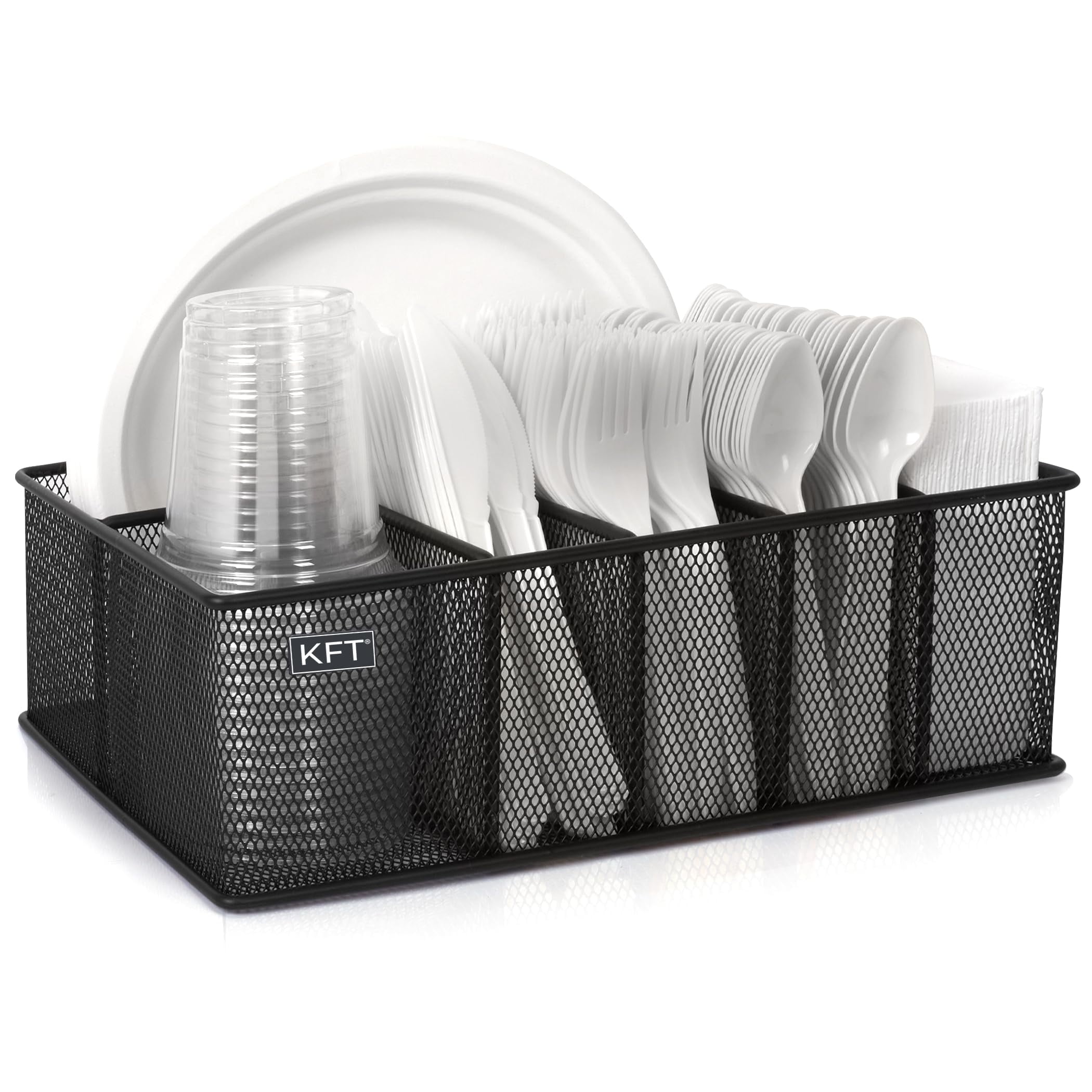 Paper Plate Organizer for Countertop, Metal Silverware Caddy with 6 ...