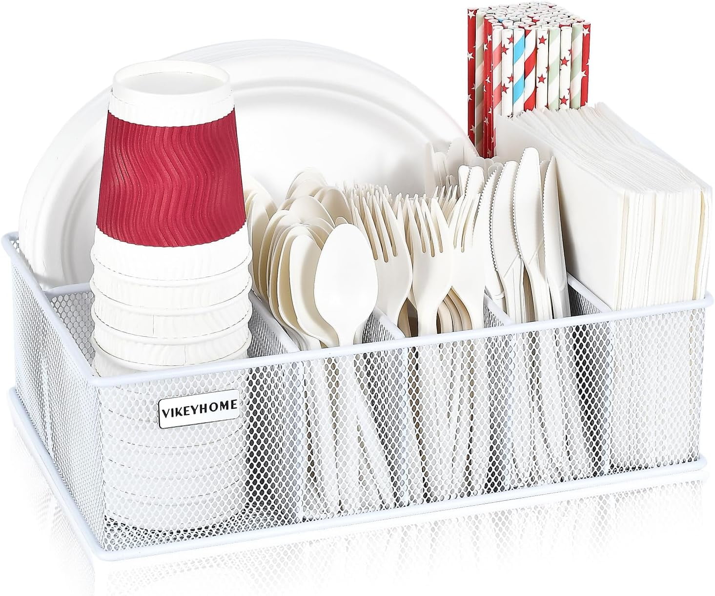 Paper Plate Organizer, Metal Silverware Caddy with 6 Compartments for ...
