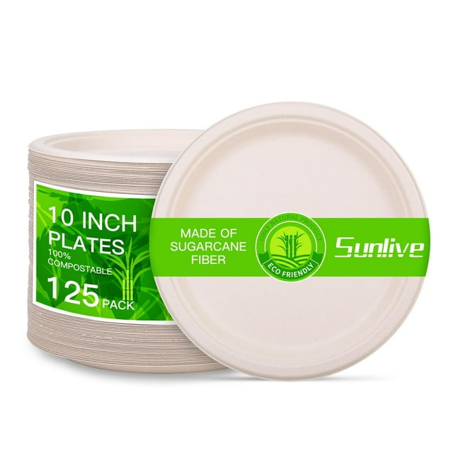 Paper Plates, 100% Compostable 10 Inch Paper Plates, 125 Count Heavy ...