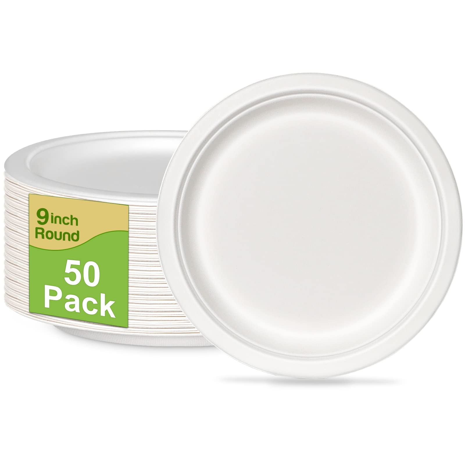 Paper Plates 9 inch, 50 Pack Compostable Paper Plates Heavy Duty, Paper ...
