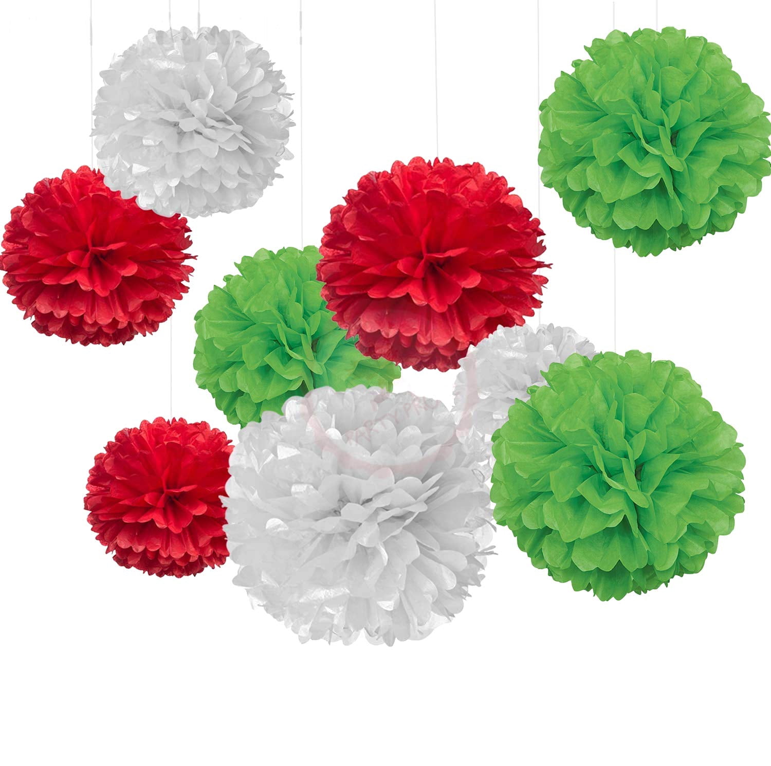 Paper Pom Pom For Decoration Set Of 9 Pcs - Green, Red & White | Paper ...