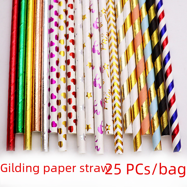 Paper Straw Disposable Degradable Full Gold Color Bronzing Striped ...