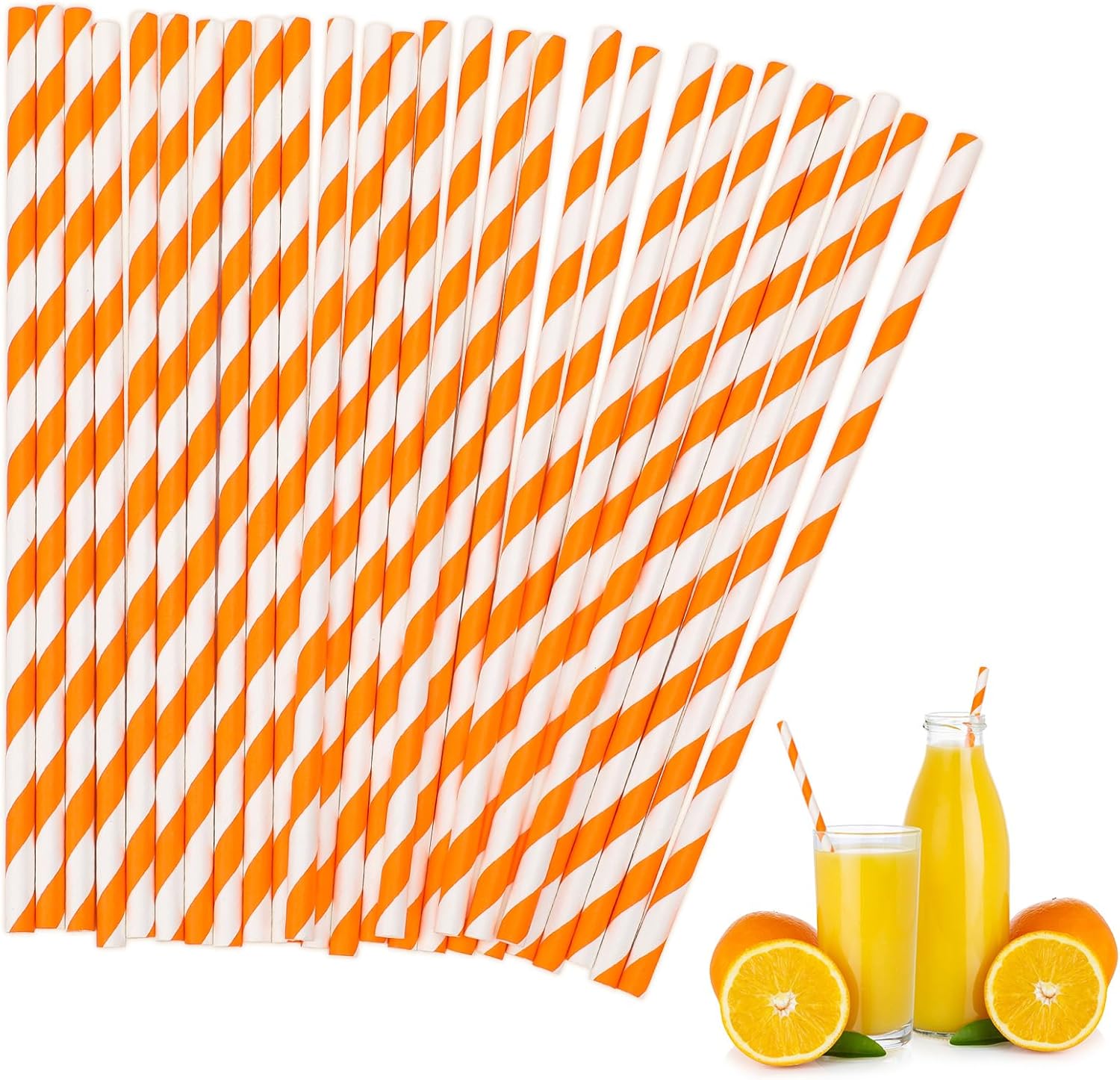 Paper Straws, 100 Pcs Orange Striped Straws 7.7 Inch Disposable ...