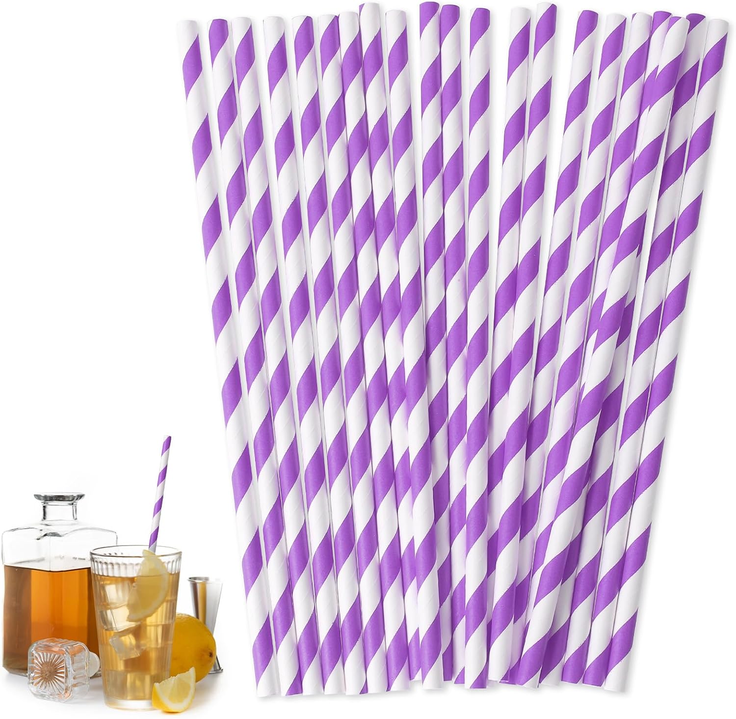 Paper Straws, 100 Pcs Purple Striped Straws 7.7 Inch Disposable ...