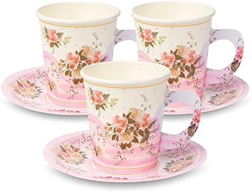 Paper Tea Cup Set, 24 Disposable Teacups with Handles & Saucers, Floral ...