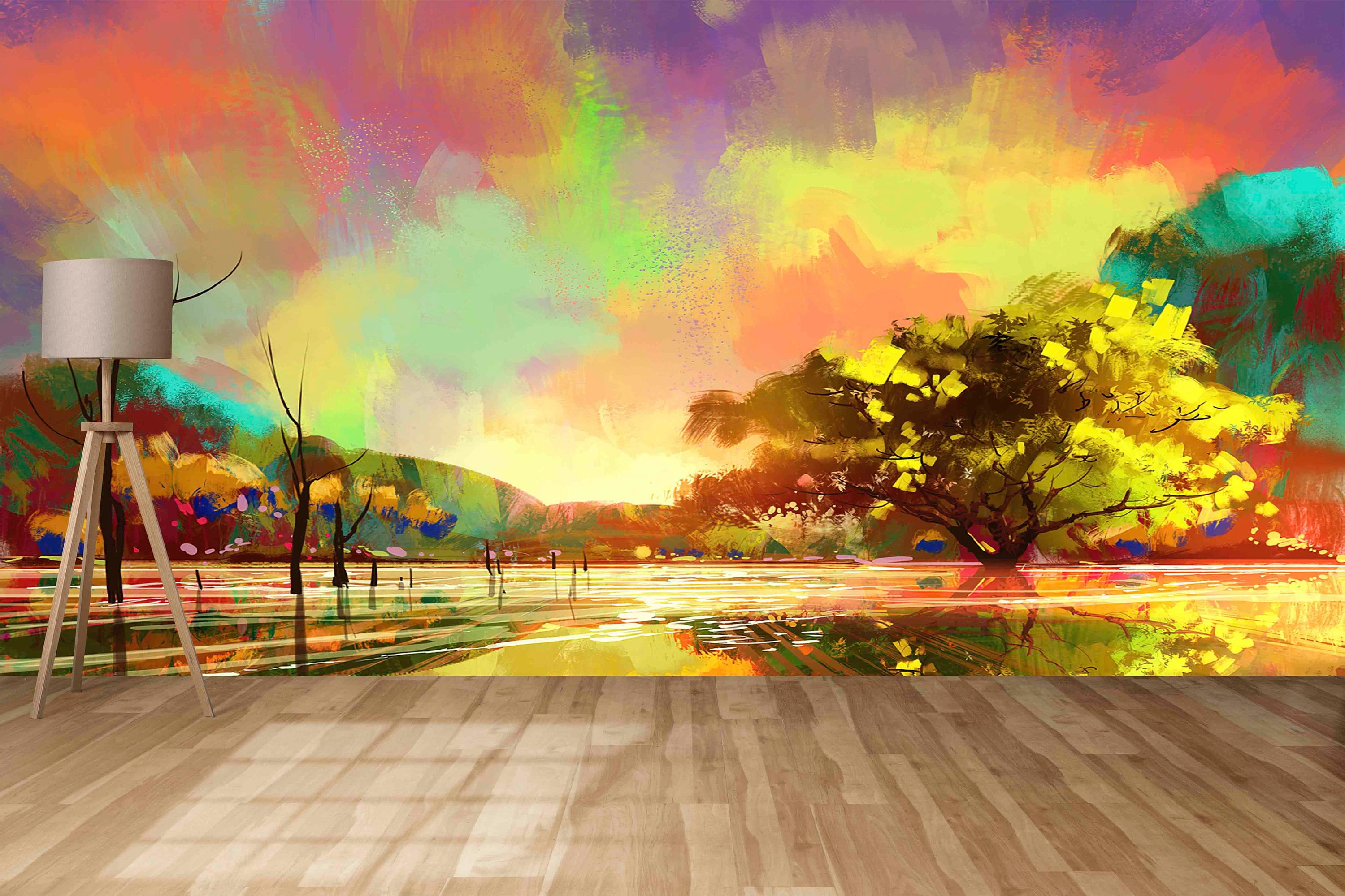 Paper Wall Art Autumn Wall Mural, Rainy Day Painting, Modern Wallpaper ...