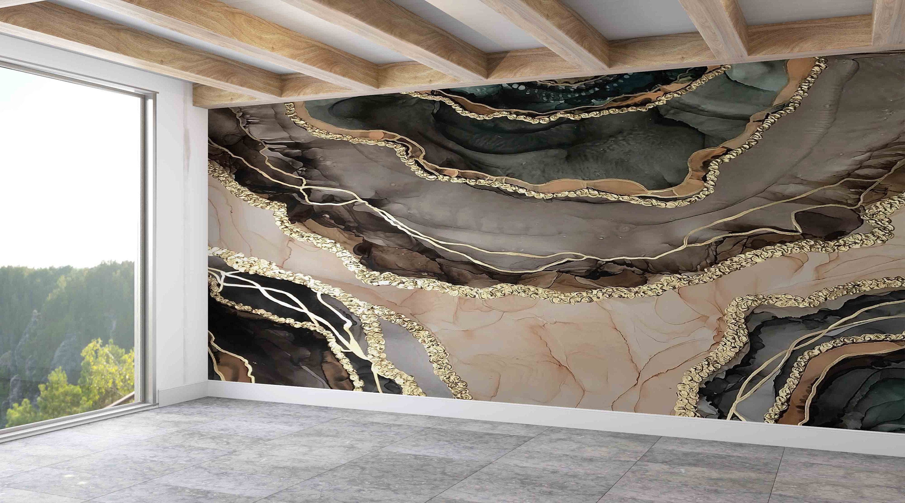 Paper Wall Art Modern Wallpaper, Abstract Wall Decor, Brown And Gold ...