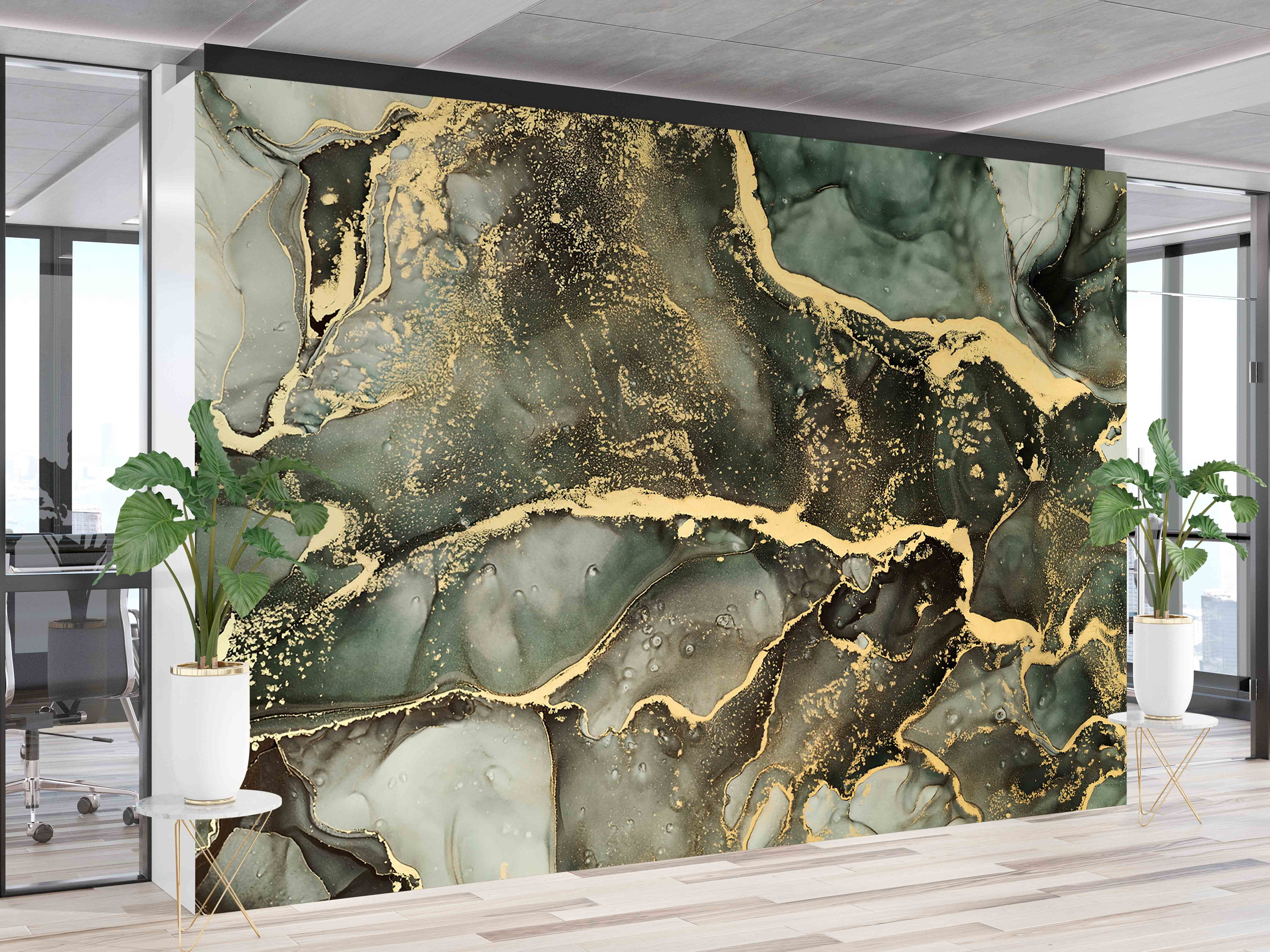 Paper Wall Art Modern Wallpaper, Green And Gold Marble, Custom ...