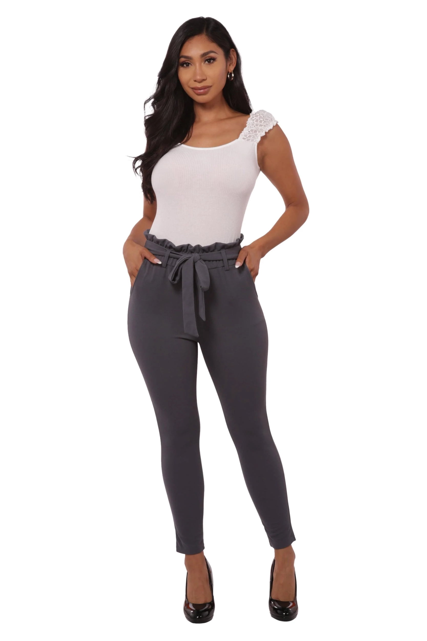 Paperbag Waist Slim Fit Pants With Self Tie - Charcoal - Walmart.com