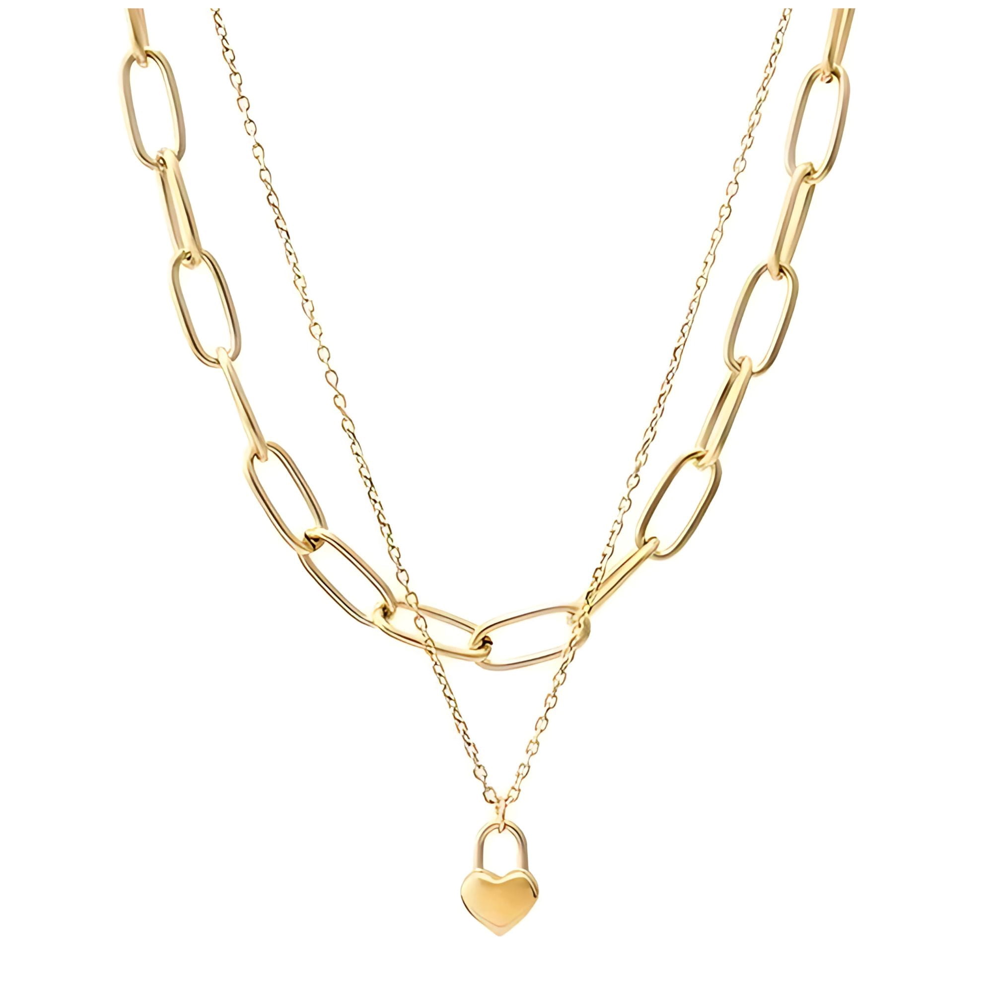 Paperclip Chain Layered Necklace for Women Heart Lock Pendant Gold over ...