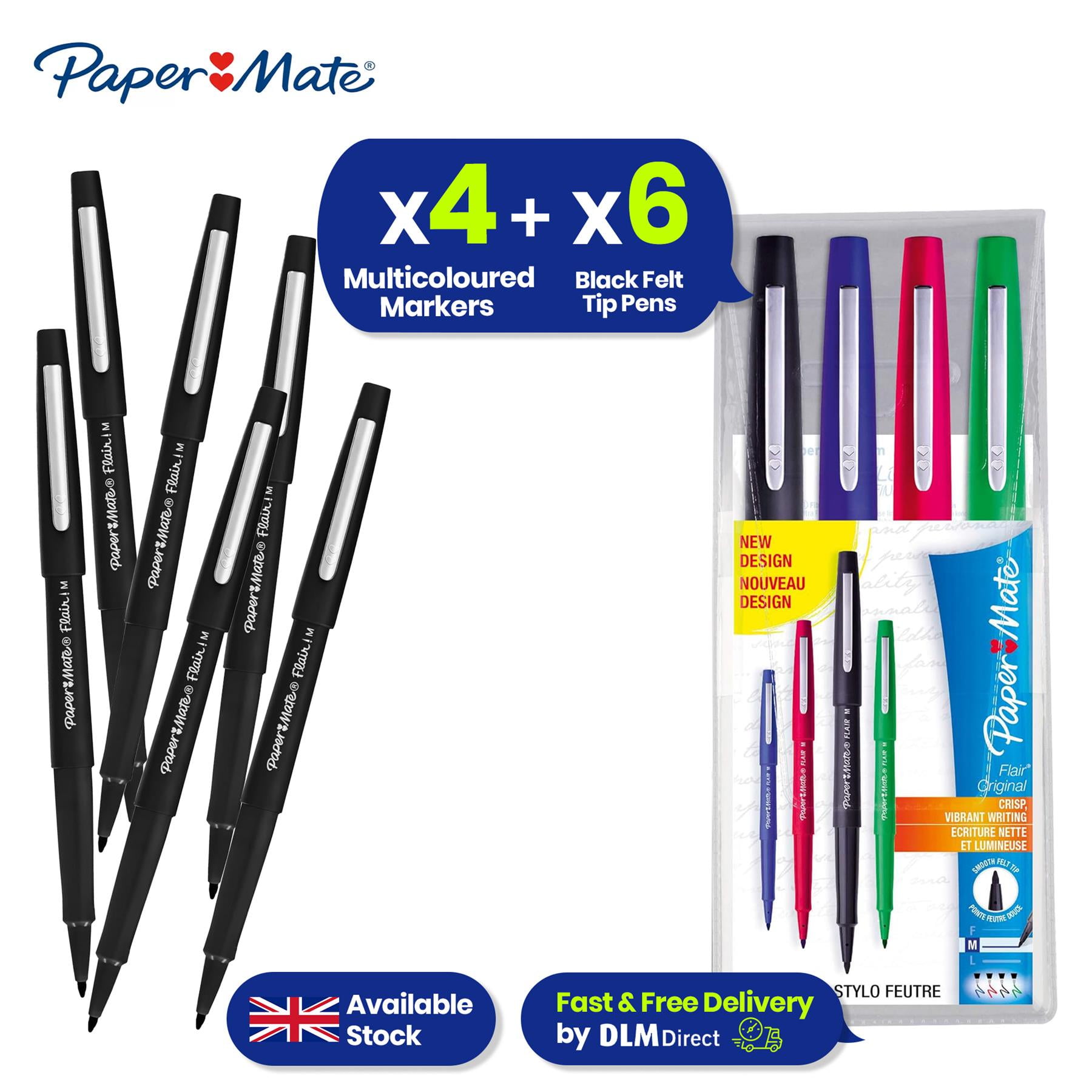 Papermate 4x Flair Assorted Markers and Flair Fibre Tip Black Pens for ...