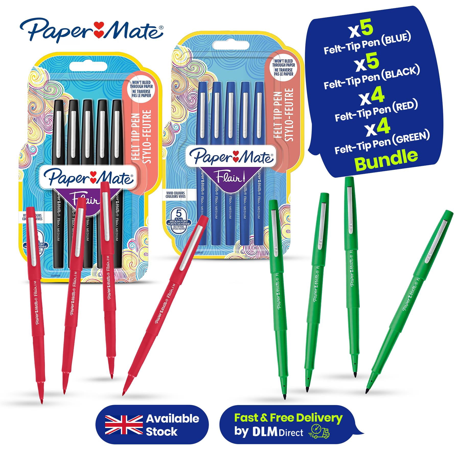 Papermate Flair Felt-Tip Pens, Pack of 4 Red, 4x Green, 5x Blue & 5x ...