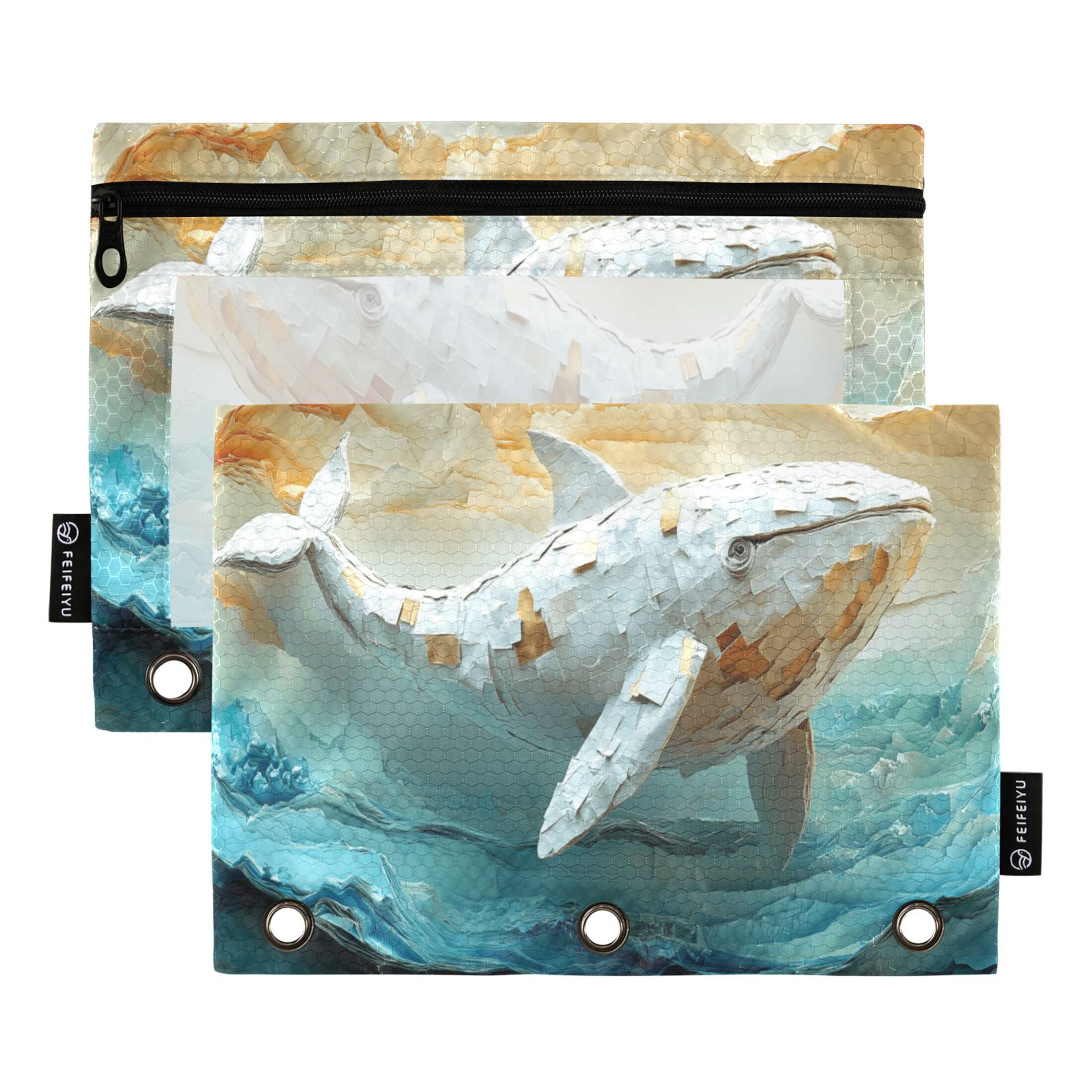 Papier Mache Ivory Whale 2 Pack Pencil Pouch for 3 Ring Binder Smooth ...