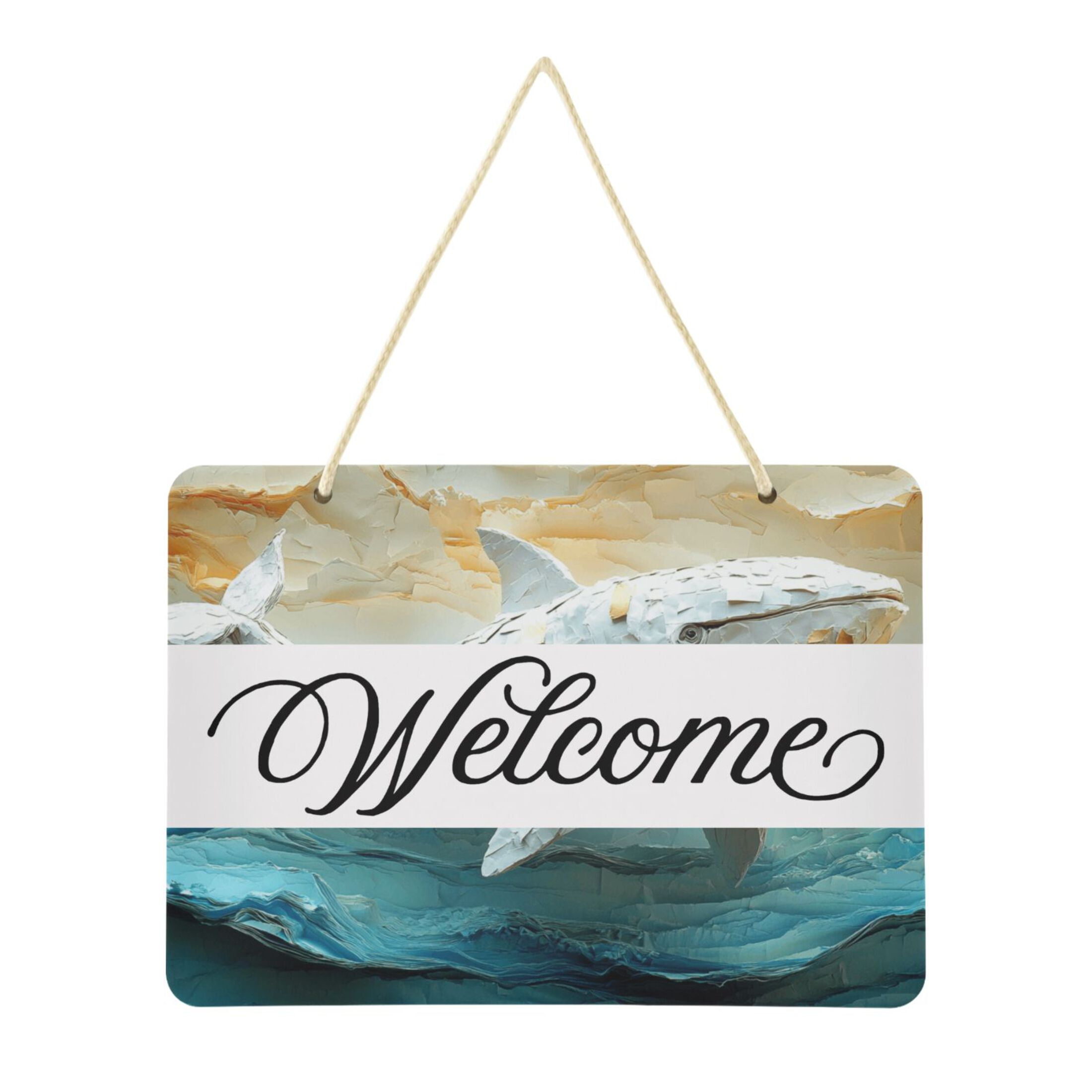 Papier Mache Ivory Whale Welcome Sign Front Door PVC 14x10 inch Hanger ...