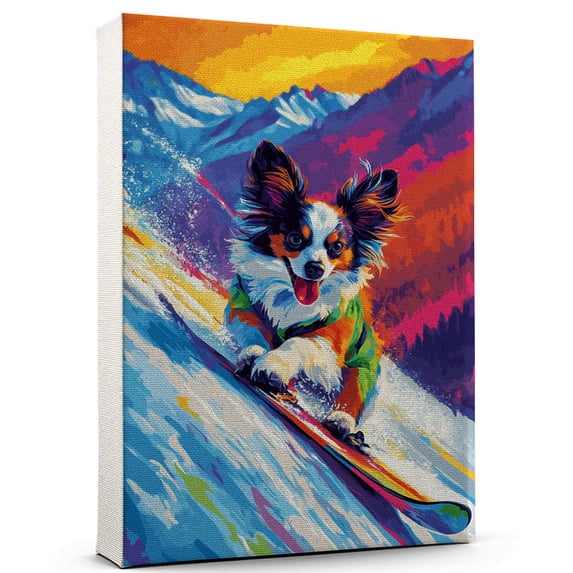 Papillon Dog Playing Skiing Stretched Canvas Size 8x12 – Vintage Style ...