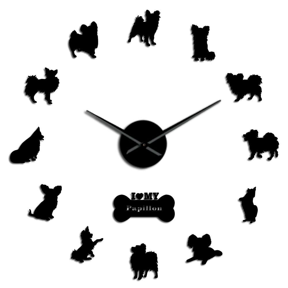 Papillon Dog Silhouette Frameless Wall Clock Stickers, DIY Modern ...