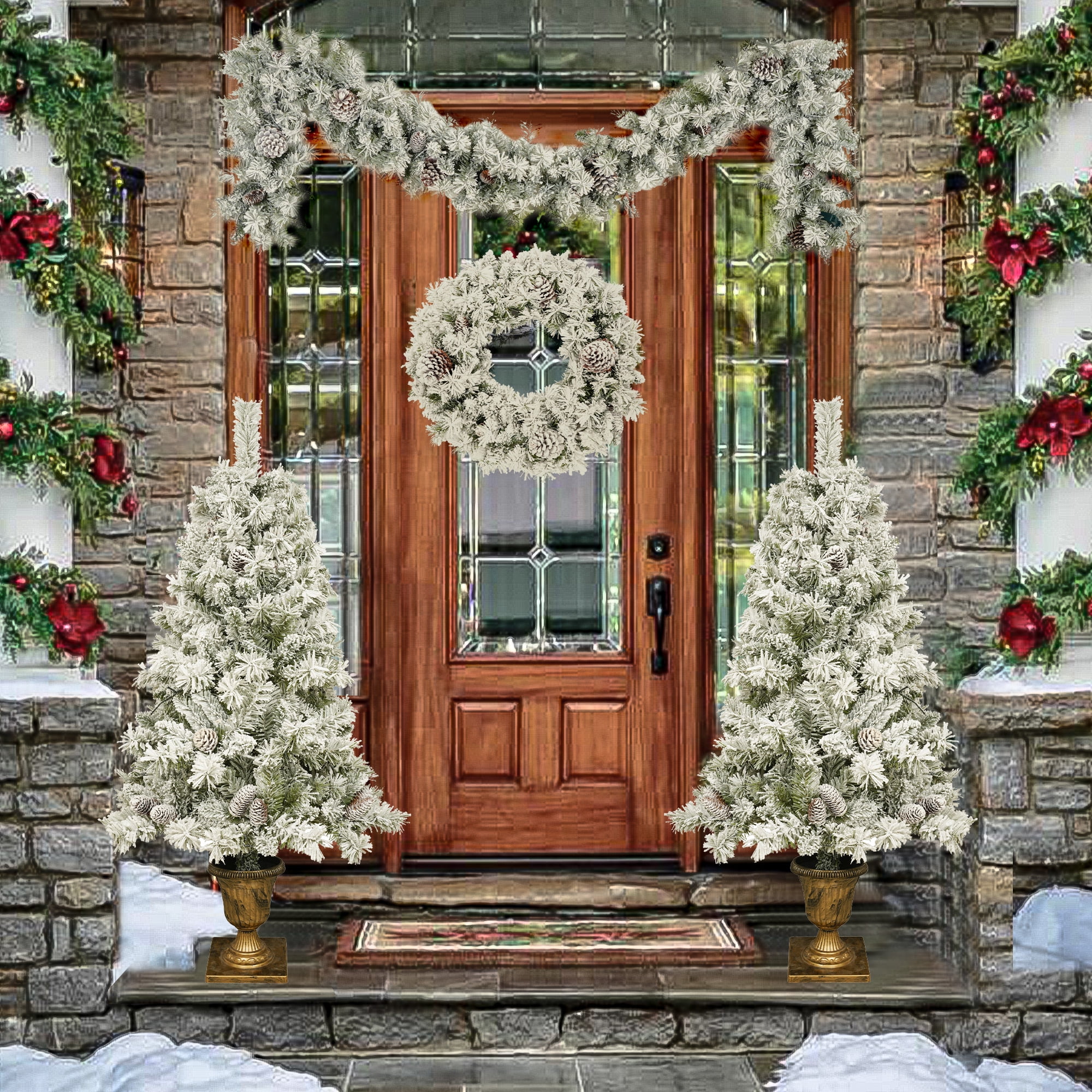 PAPROOS Christmas Decorations 4-Piece Set, Garland, Wreath, and Set of ...