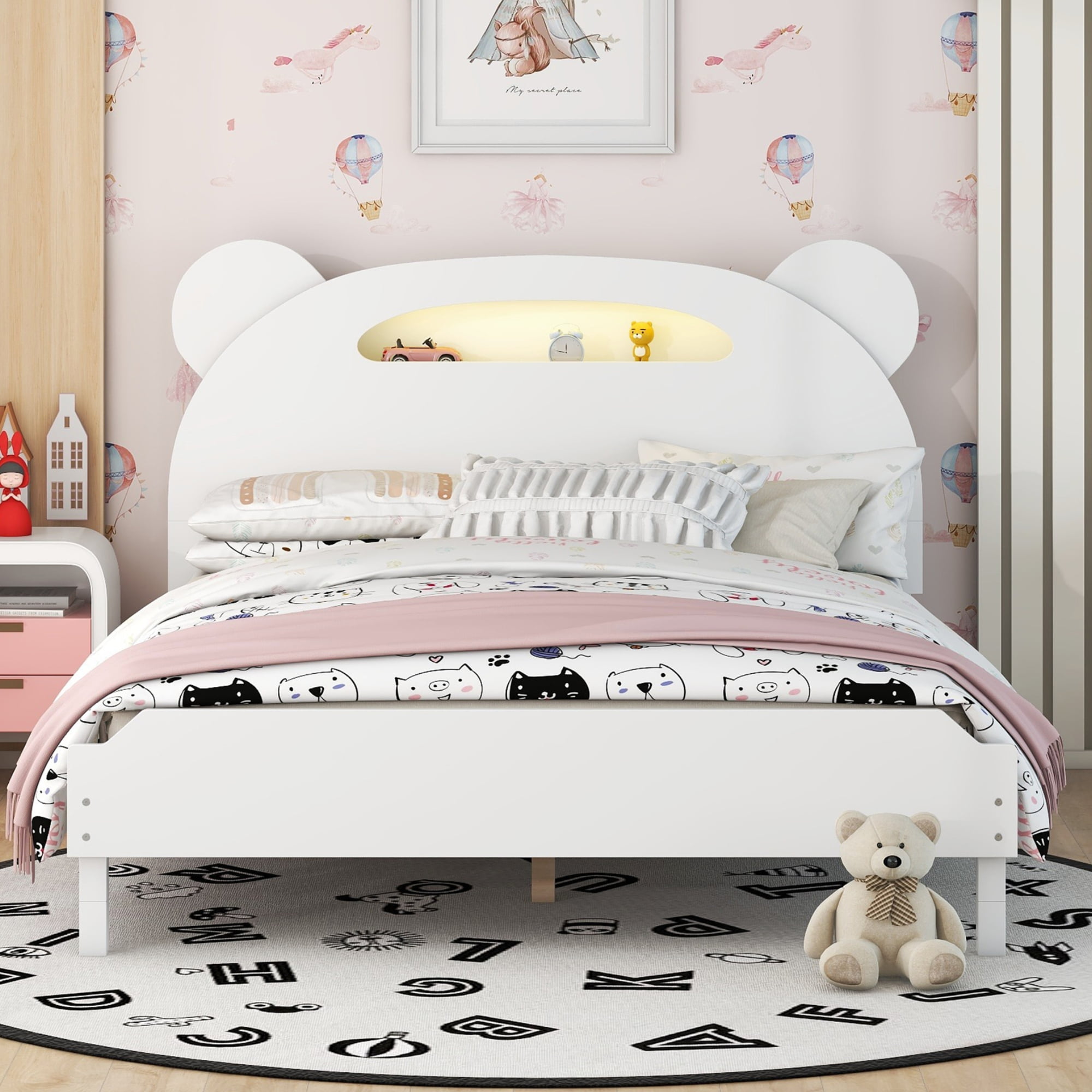 Paproos Full Bed Frame, Cute Wood Platform Bed with Night Lights, Bear ...