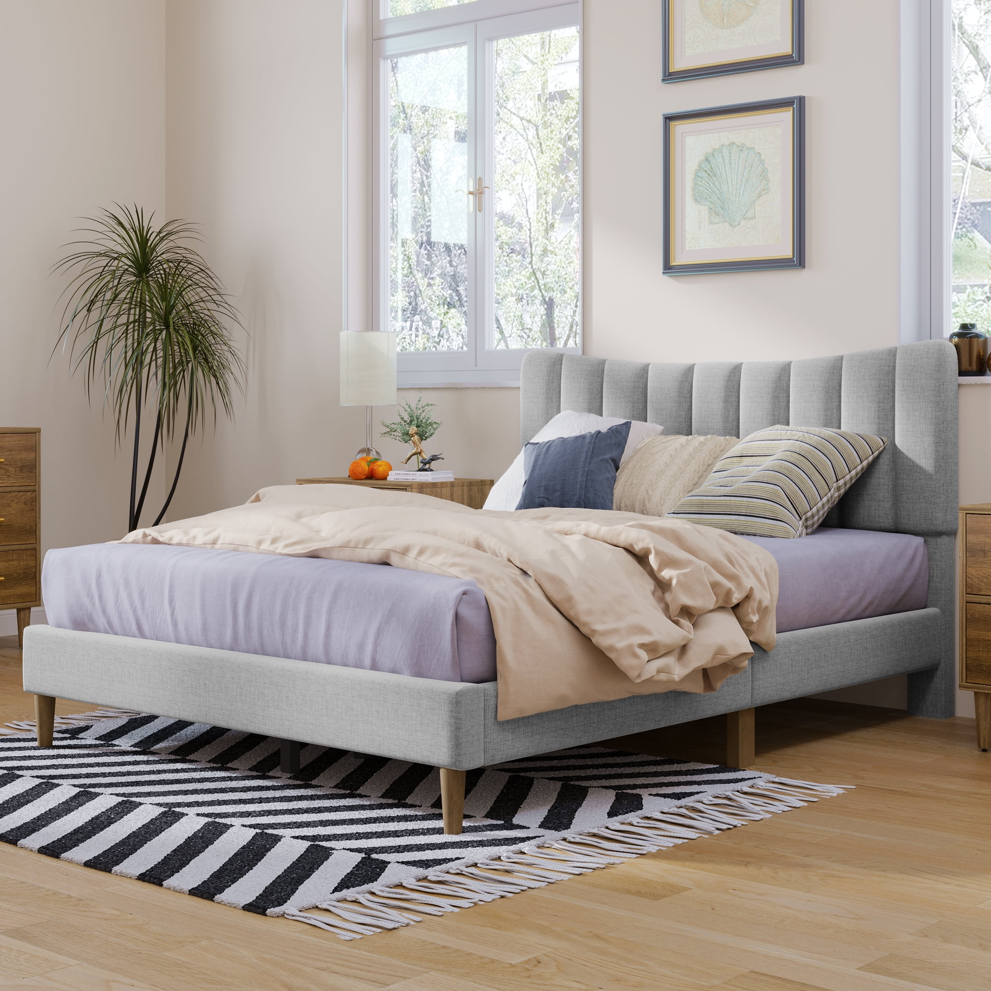 Paproos Queen Bed Frame, Upholstered Platform Bed Frame with Vertical ...
