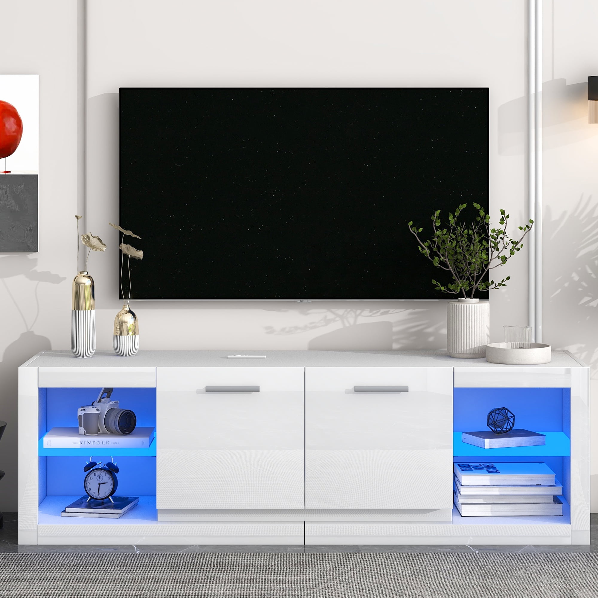 Paproos TV Stand for 70 Inch TV, High Gloss TV Cabinet with LED Color ...