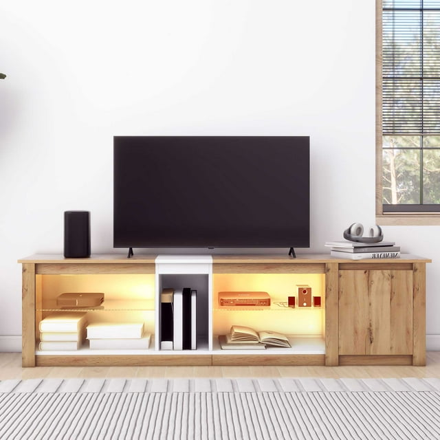 PAPROOS TV Stand for 80 Inch TV, Modern Farmhouse TV Cabinet with LED ...