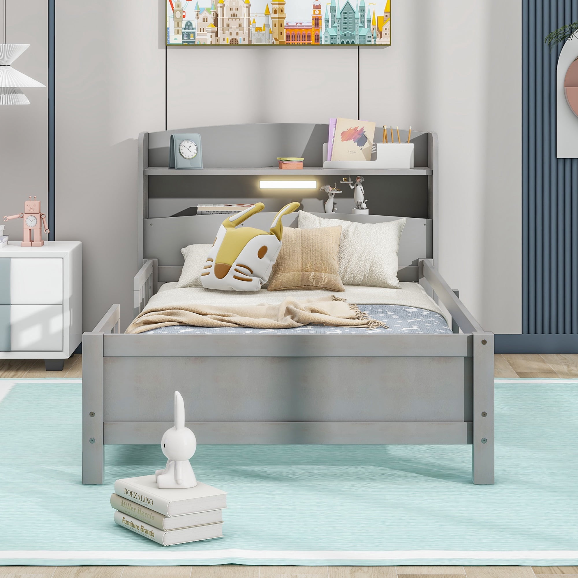 Paproos Twin Size Bed Frame with Built-in LED Light, Storage Headboard ...