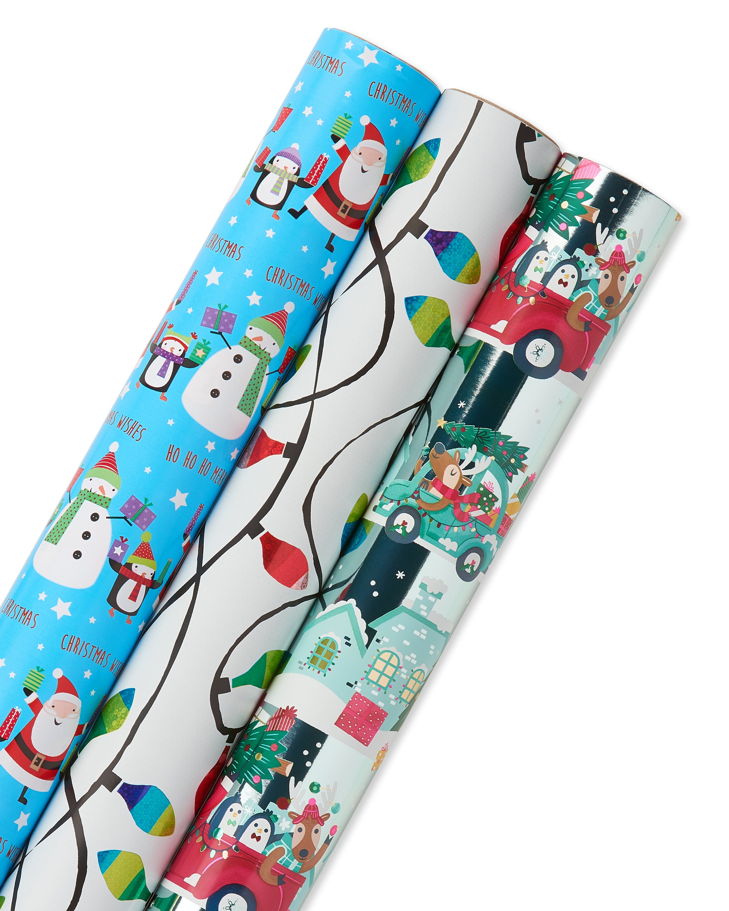 Papyrus Christmas Wrapping Paper, Santa, Snowmen and Lights (3 Pack ...