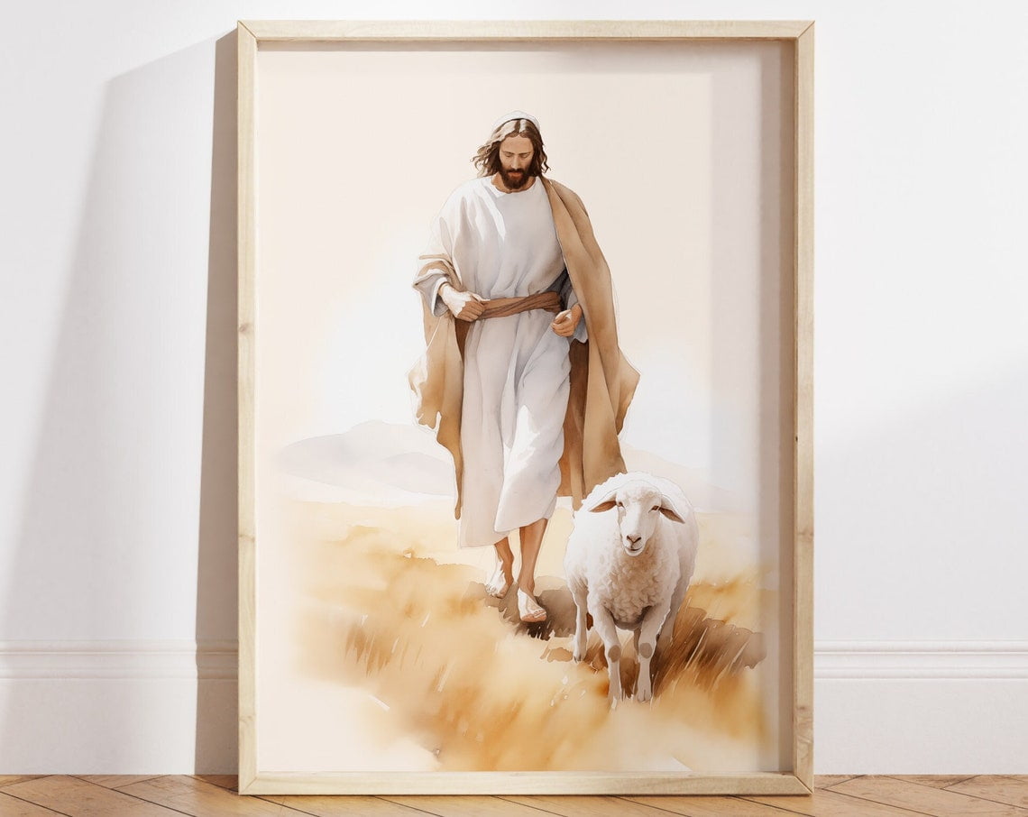 Parable Of The Lost Sheep Poster By Wallency - Watercolor Wall Art, Jesus And The Lamb Portrait ...
