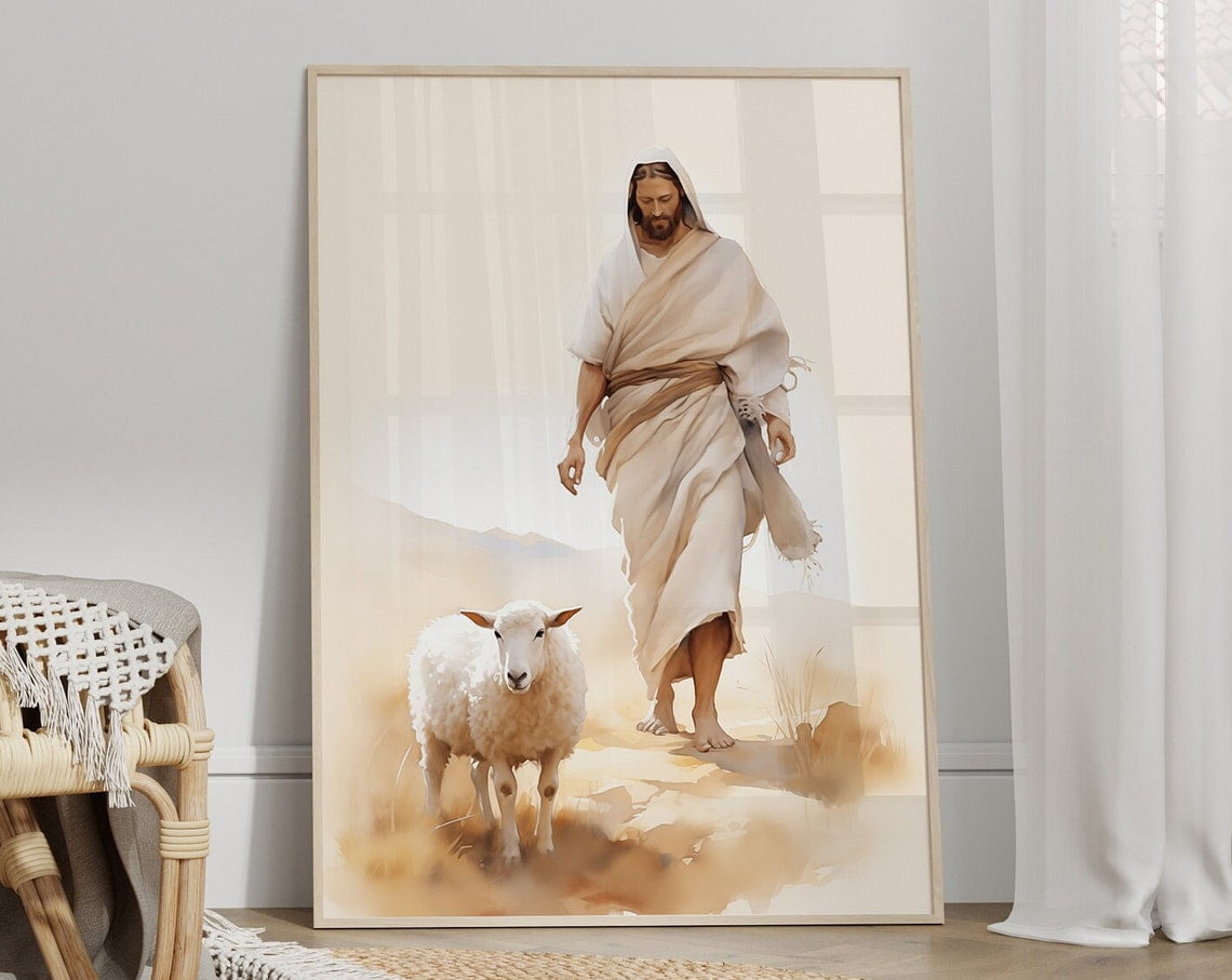 Parable Of The Lost Sheep Poster By Wallency - Watercolor Wall Art, Jesus And The Lamb Portrait ...