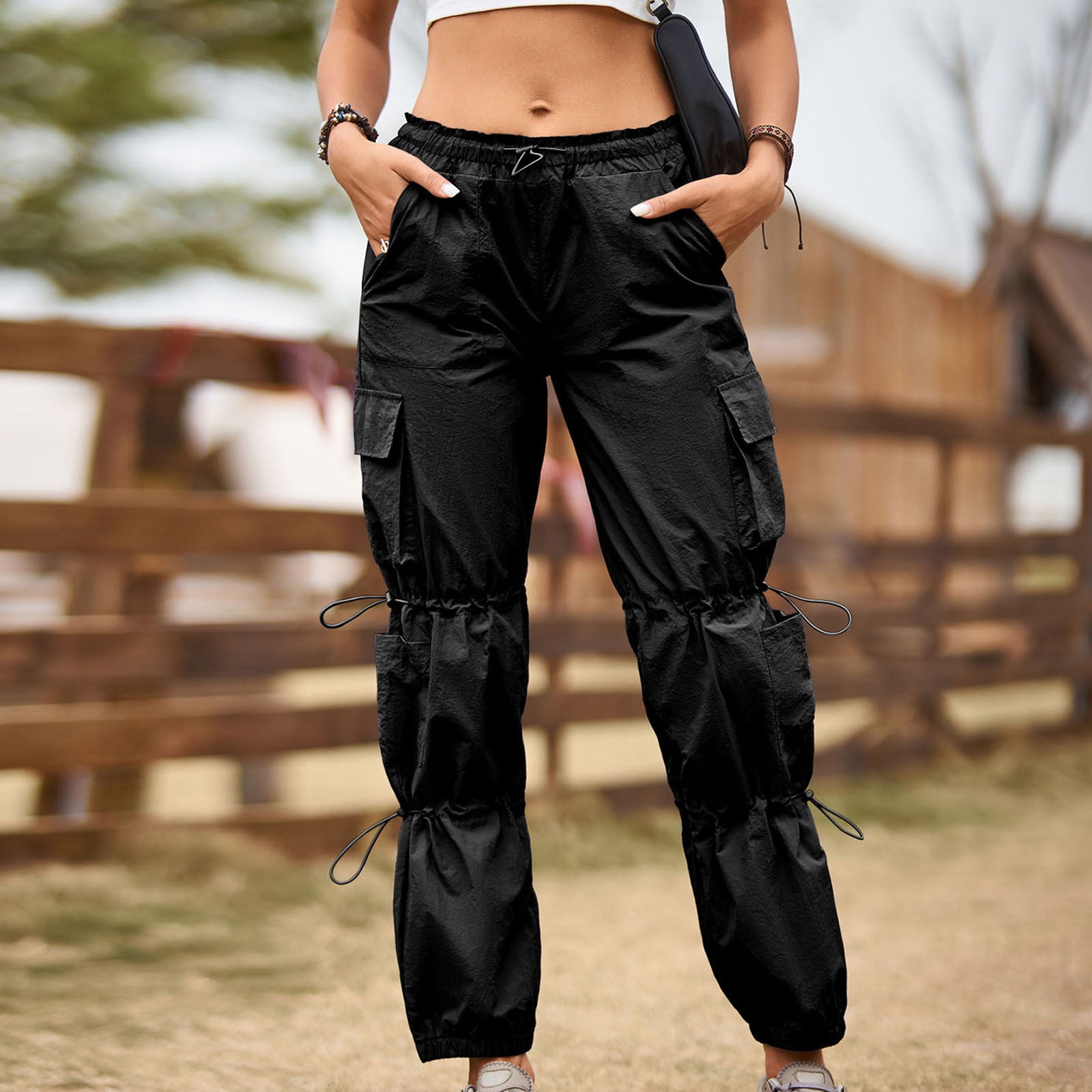 Parachute Pants For Women Drawstring Elastic Waist Ruched Baggy Cargo ...