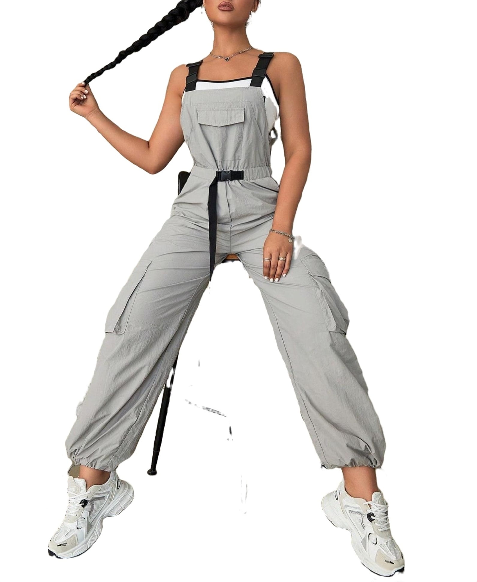 Parachute Street Buckle Belted Flap Pocket Side Cargo Overall Jumpsuit ...